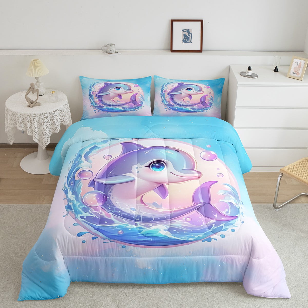 Kawaii Dolphin Bedding Set Queen Size Ocean Marine Life Fish Comforter ...