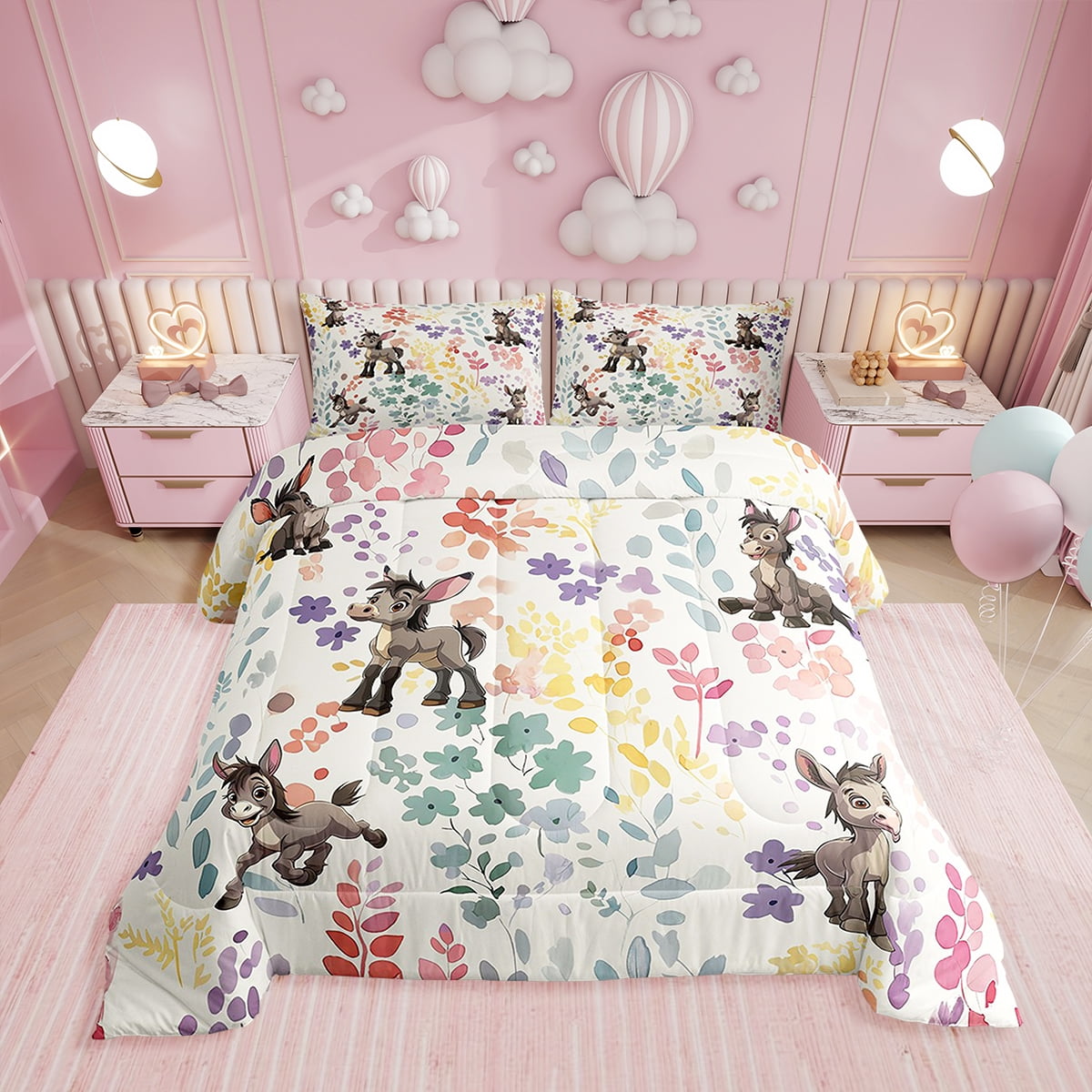Kawaii Donkey Bedding Set King Size,Farmhouse Donkey Flower Comforter ...
