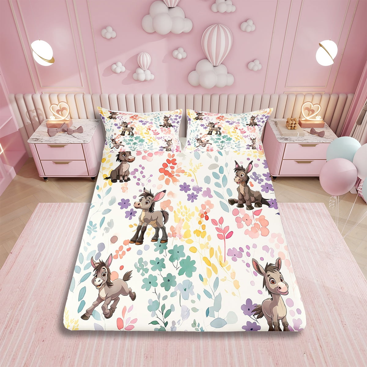 Kawaii Donkey Bedding Set Twin Size,Farmhouse Donkey Flower Bed Sheets ...