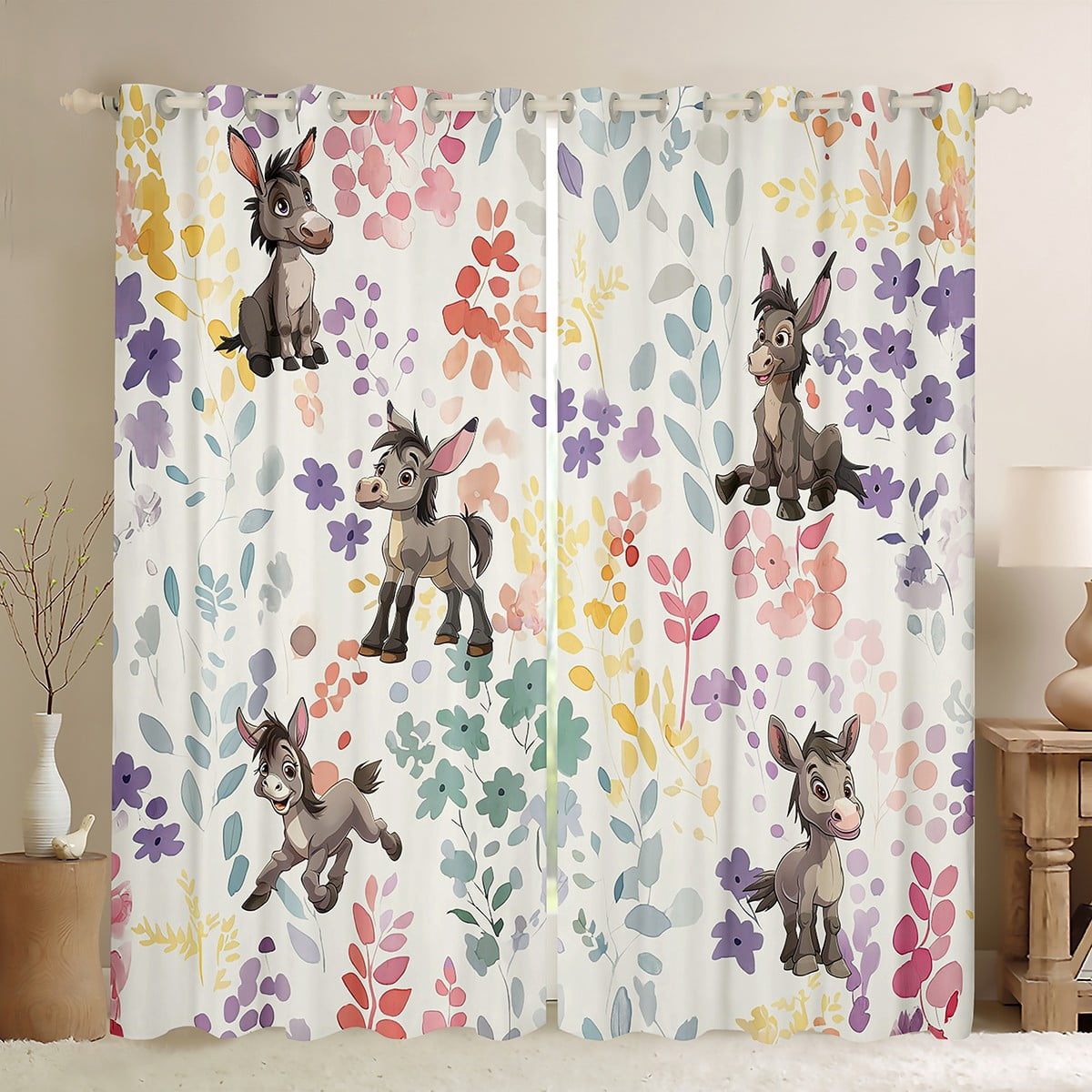 Kawaii Donkey Curtains,Farmhouse Donkey Flower Curtains Living Room ...