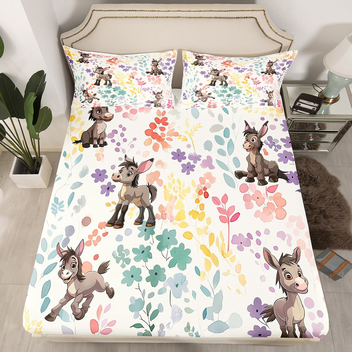 Kawaii Donkey Fitted Sheet Full Size,Farmhouse Donkey Flower Bedding ...