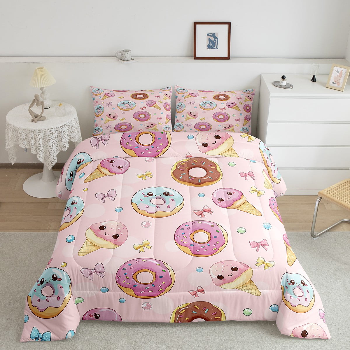 Kawaii Donut Kids Comforter Set Full Size,Cartoon Cute Ice Cream ...