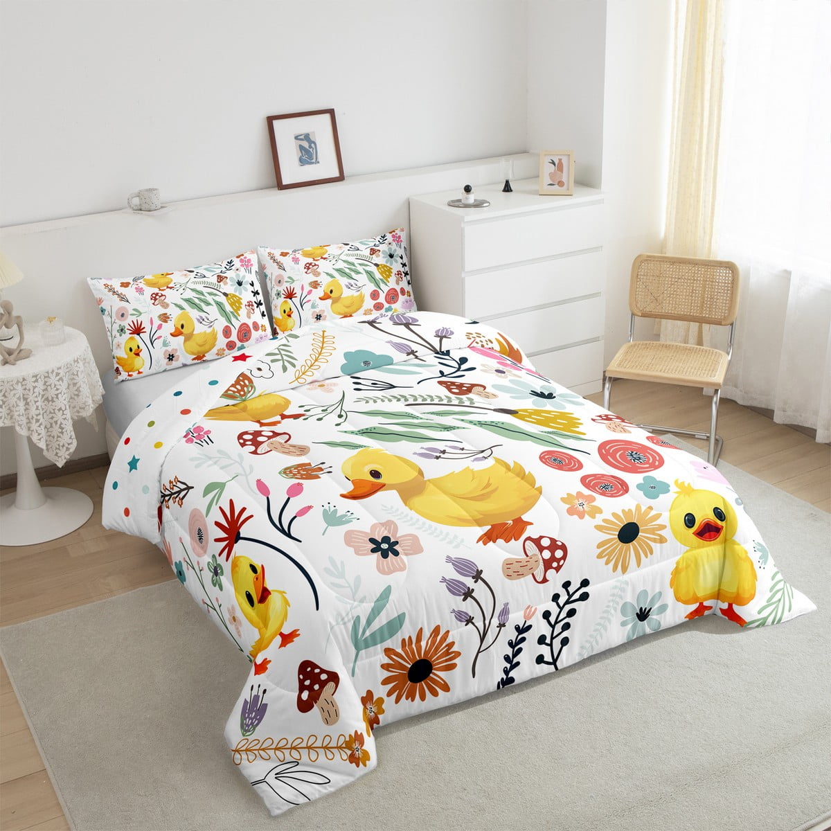 Kawaii Duck Comforter Set Mushroom Floral Twin Bedding Sets,Cartoon ...