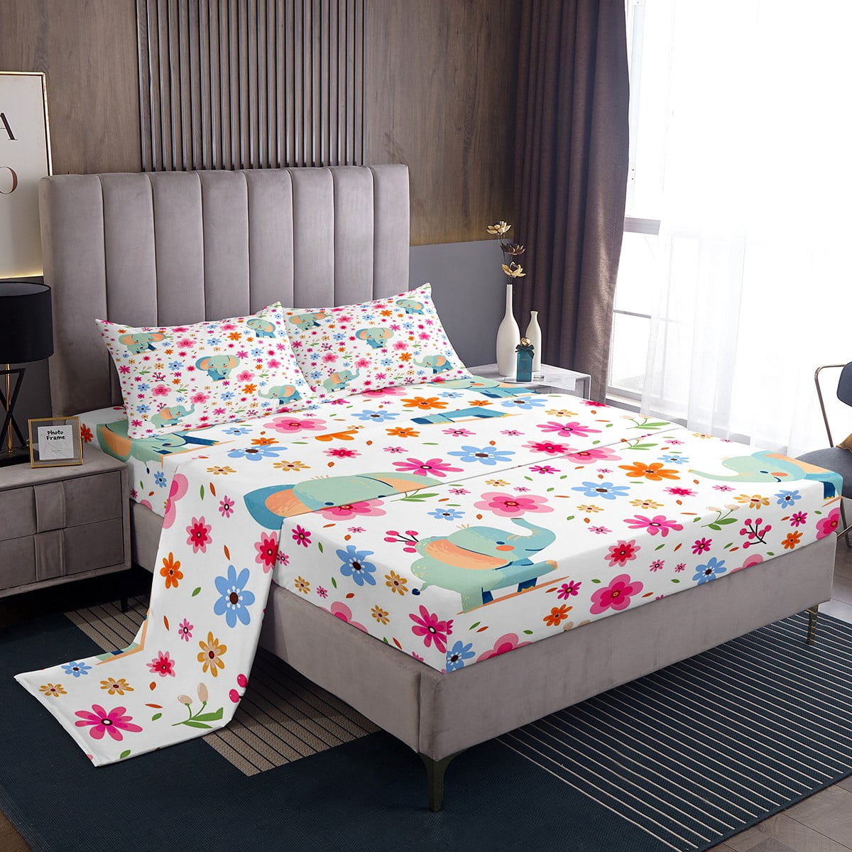 Kawaii Elephant Bed Sheets Set Girly Floral King Sheet Set, Blue Pink ...