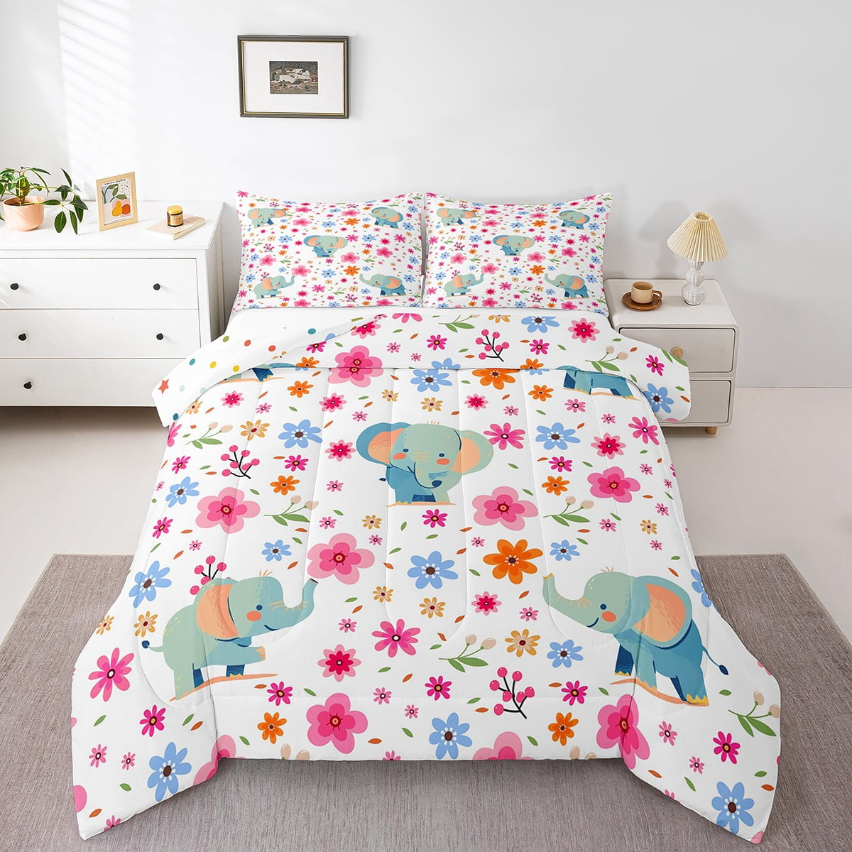 Kawaii Elephant Bedding Girly Floral Comforter Set, Blue Pink Flower ...