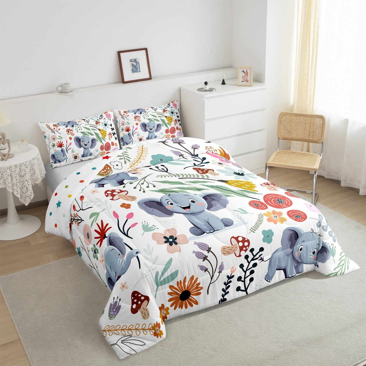 Kawaii Elephant Comforter Set Mushroom Floral Queen Bedding Sets ...