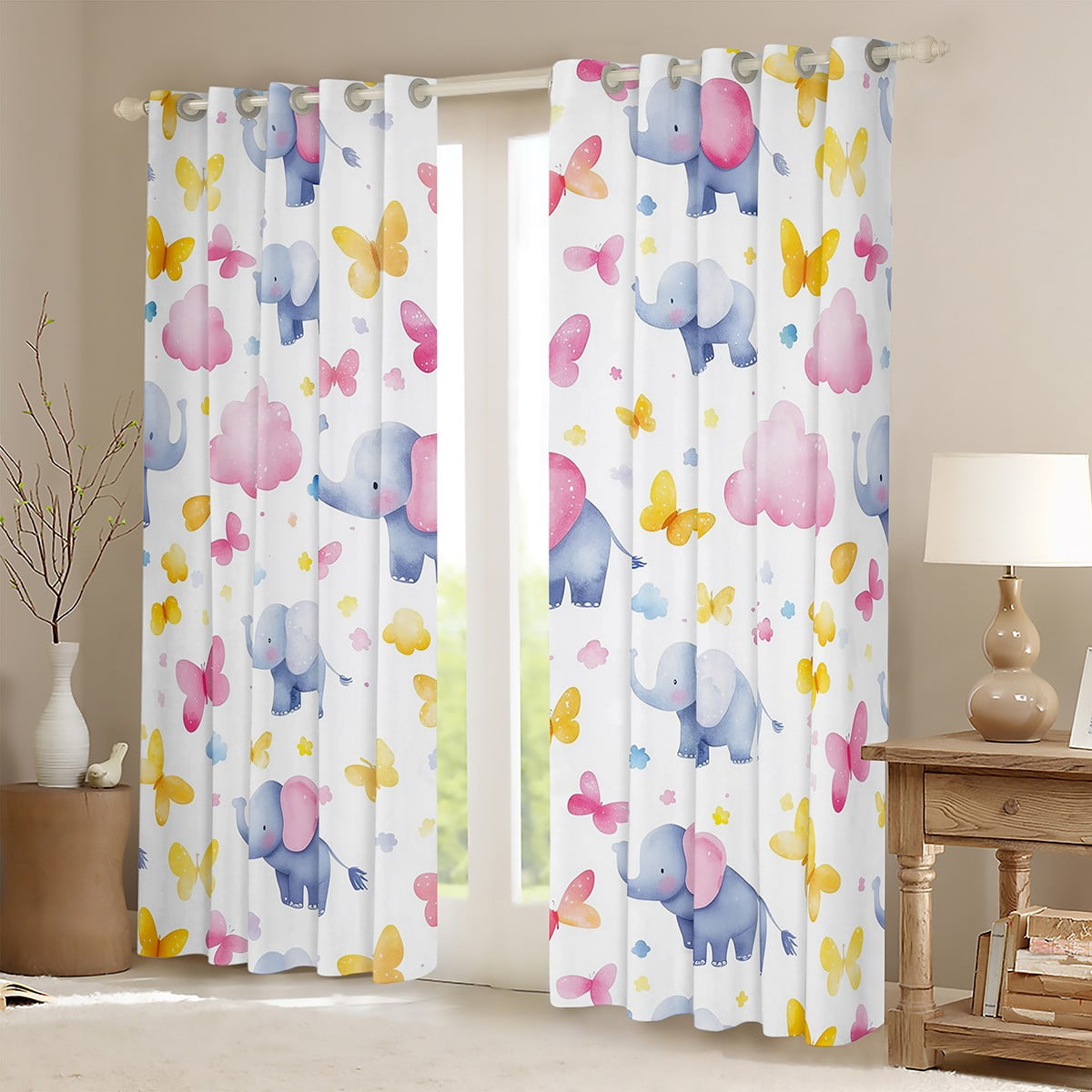 Kawaii Elephant Curtains Colourful Butterfly Pattern Blackout Curtains ...