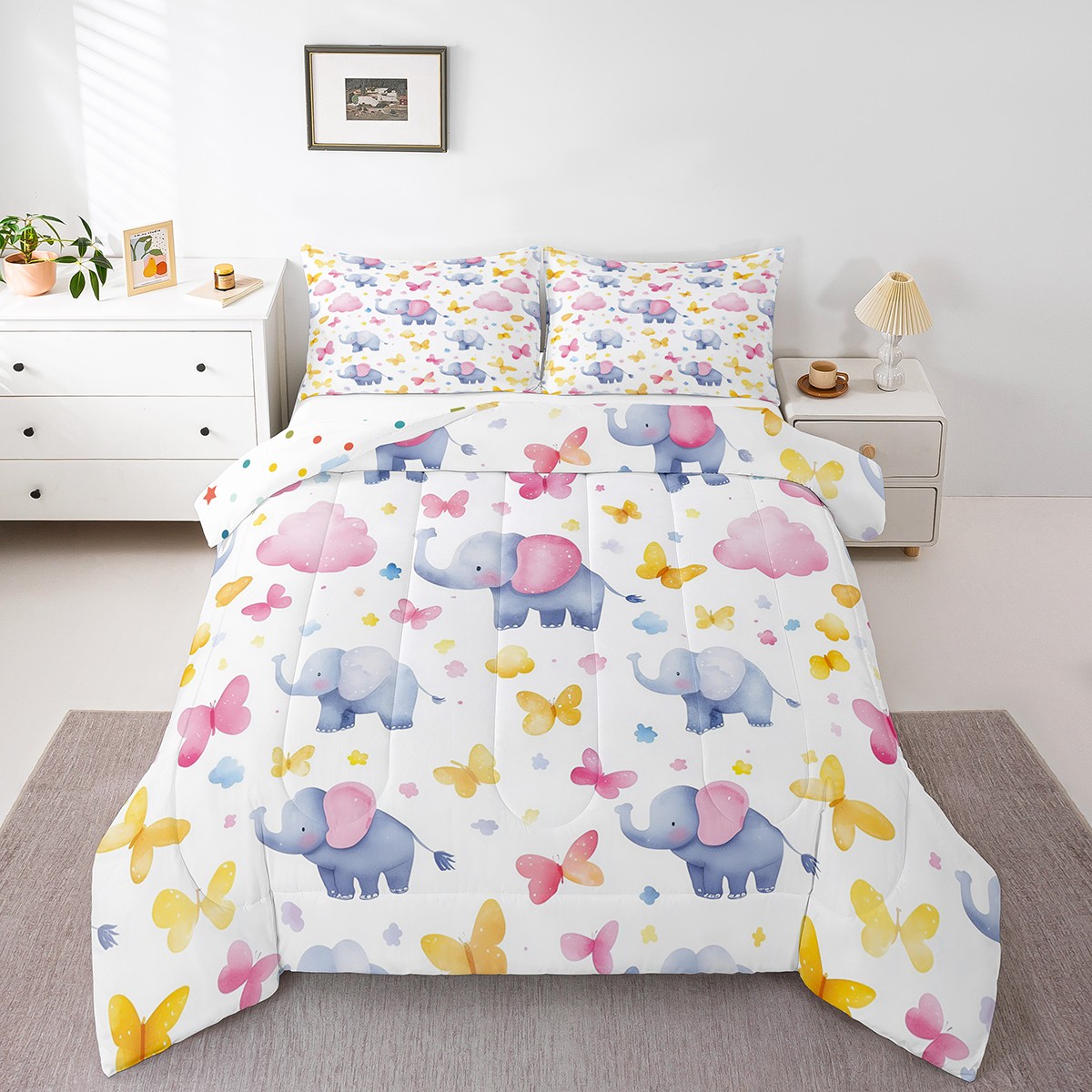 Kawaii Elephant Queen Comforter Set Colourful Butterfly Pattern Bedding ...
