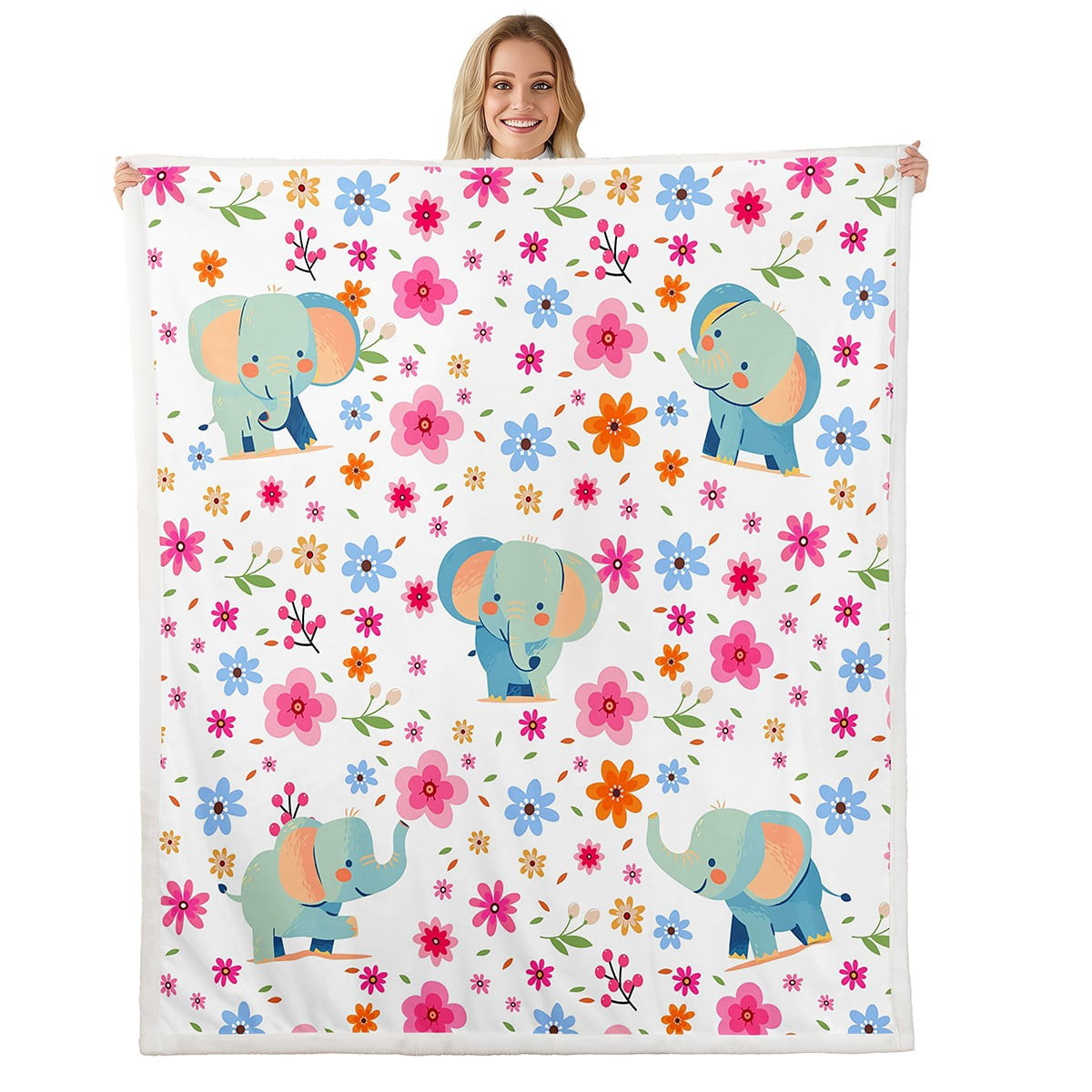 Kawaii Elephant Sherpa Blanket Girly Floral Blanket Blue Pink Flower Throw Blanket For Chair