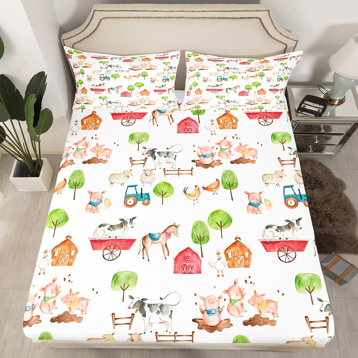 Kawaii Farm Animal Bed Sheets Horse Cow Pig Print Bed Set Rustic ...