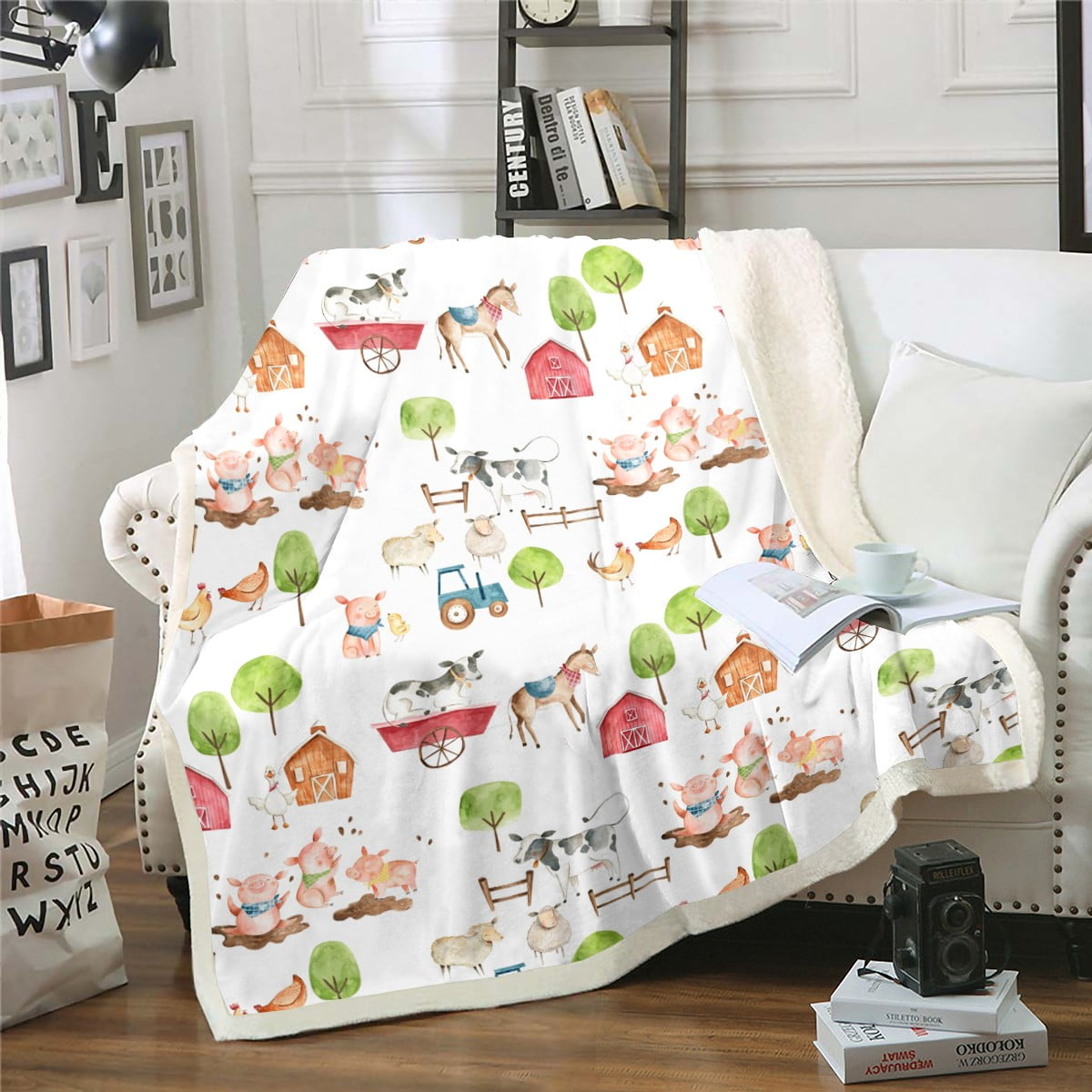Kawaii Farm Animal Blanket Horse Cow Pig Print Throw Blanket Rustic ...