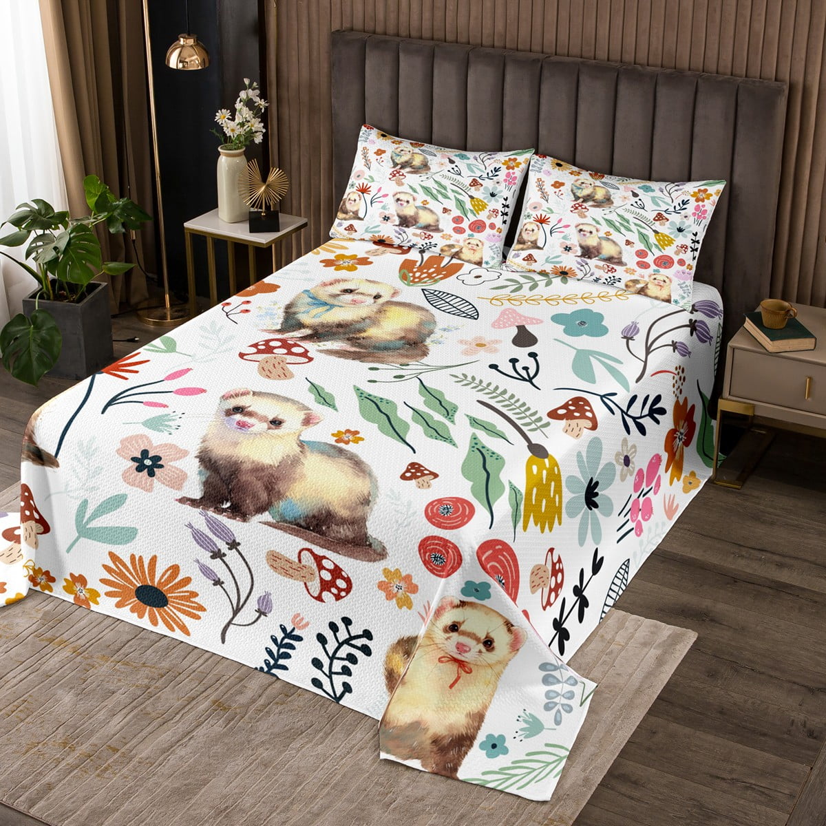 Kawaii Ferret King Bedspread Set ,Mushroom Floral Coverlet Set Cartoon Animal Quilt Set ...