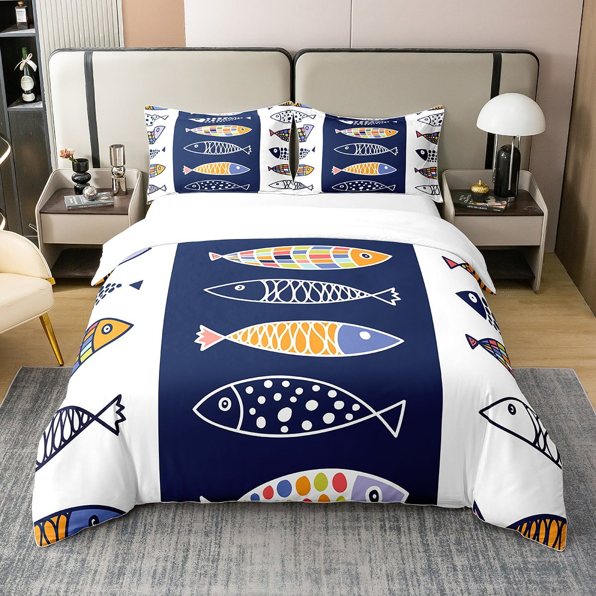 Kawaii Fishes 100% Cotton Duvet Cover Queen, Coastal Animal Comforter ...