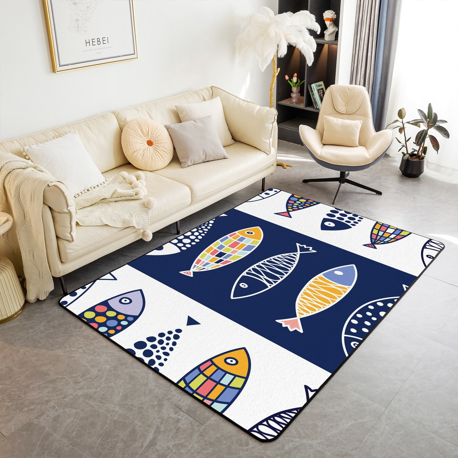 Kawaii Fishes Area Rug 3x5 for Bedroom, Coastal Animal Living Room Rugs ...