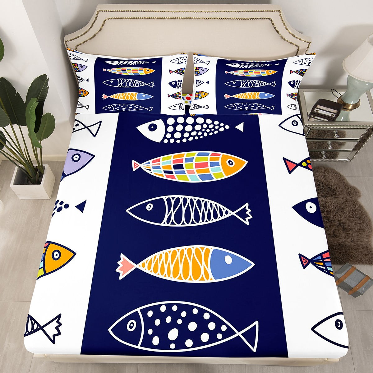 Kawaii Fishes Bed Sheets Set Queen, Coastal Animal Fitted Sheet, Aztec ...