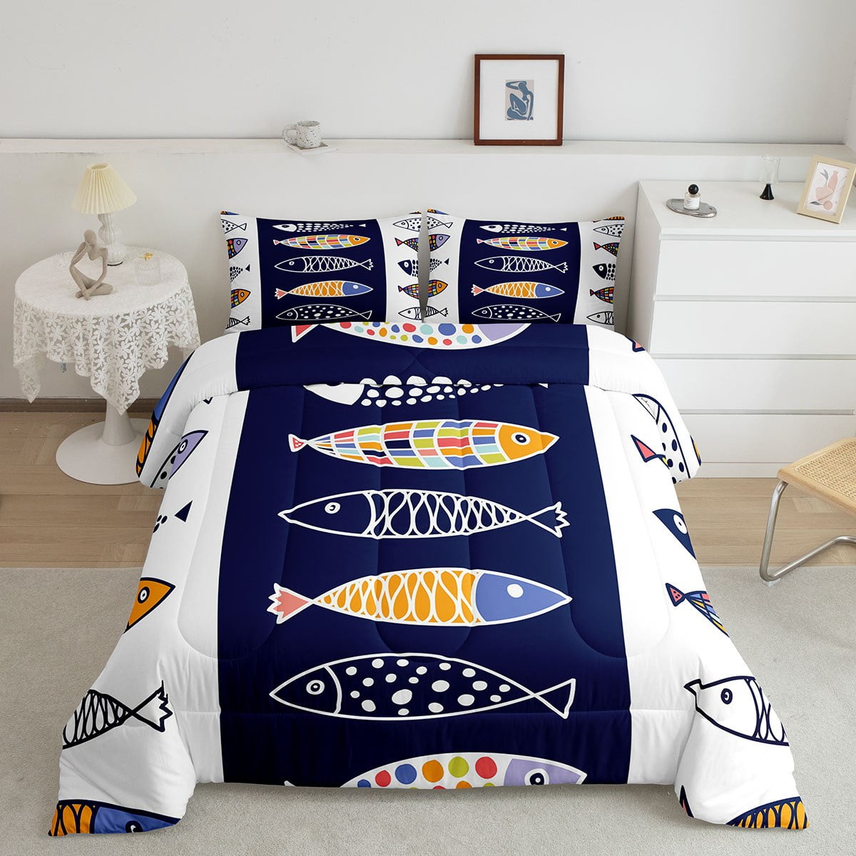 Kawaii Fishes Comforter Set King Size, Coastal Animal Bedding Set ...