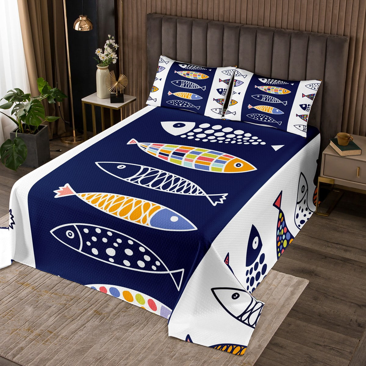 Kawaii Fishes Quilt Set Queen, Coastal Animal Bedspread Set, Aztec ...