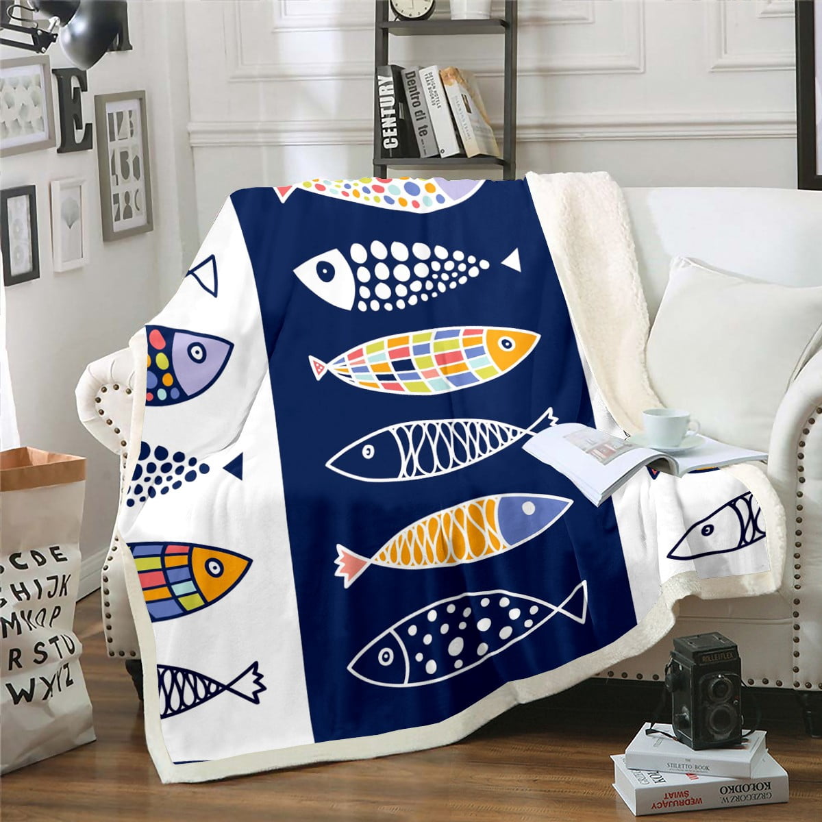 Kawaii Fishes Throw Blanket , Coastal Animal Fuzzy Blanket for Chair ...