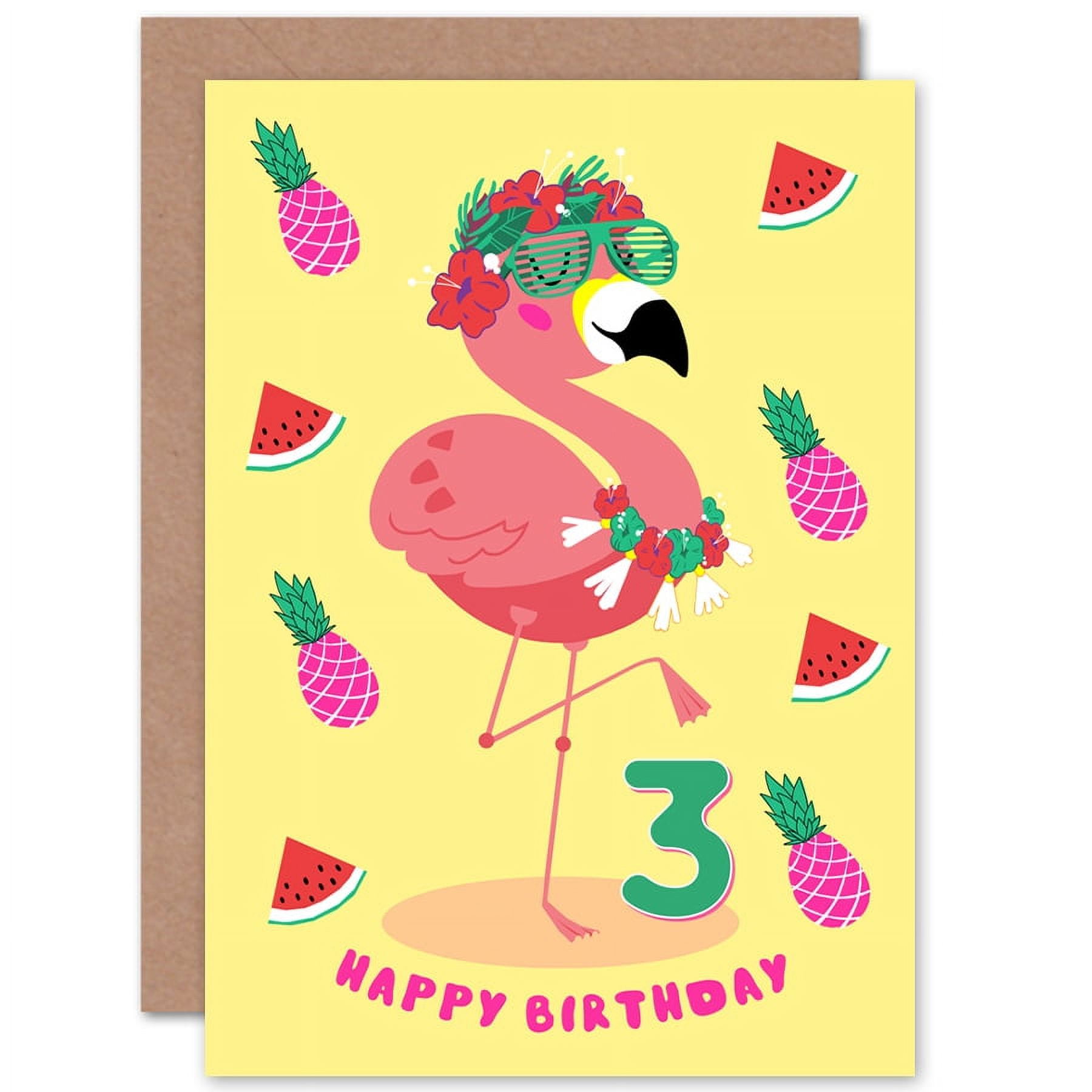 Kawaii Flamingo 3rd Birthday Greetings Card Plus Envelope Blank inside ...
