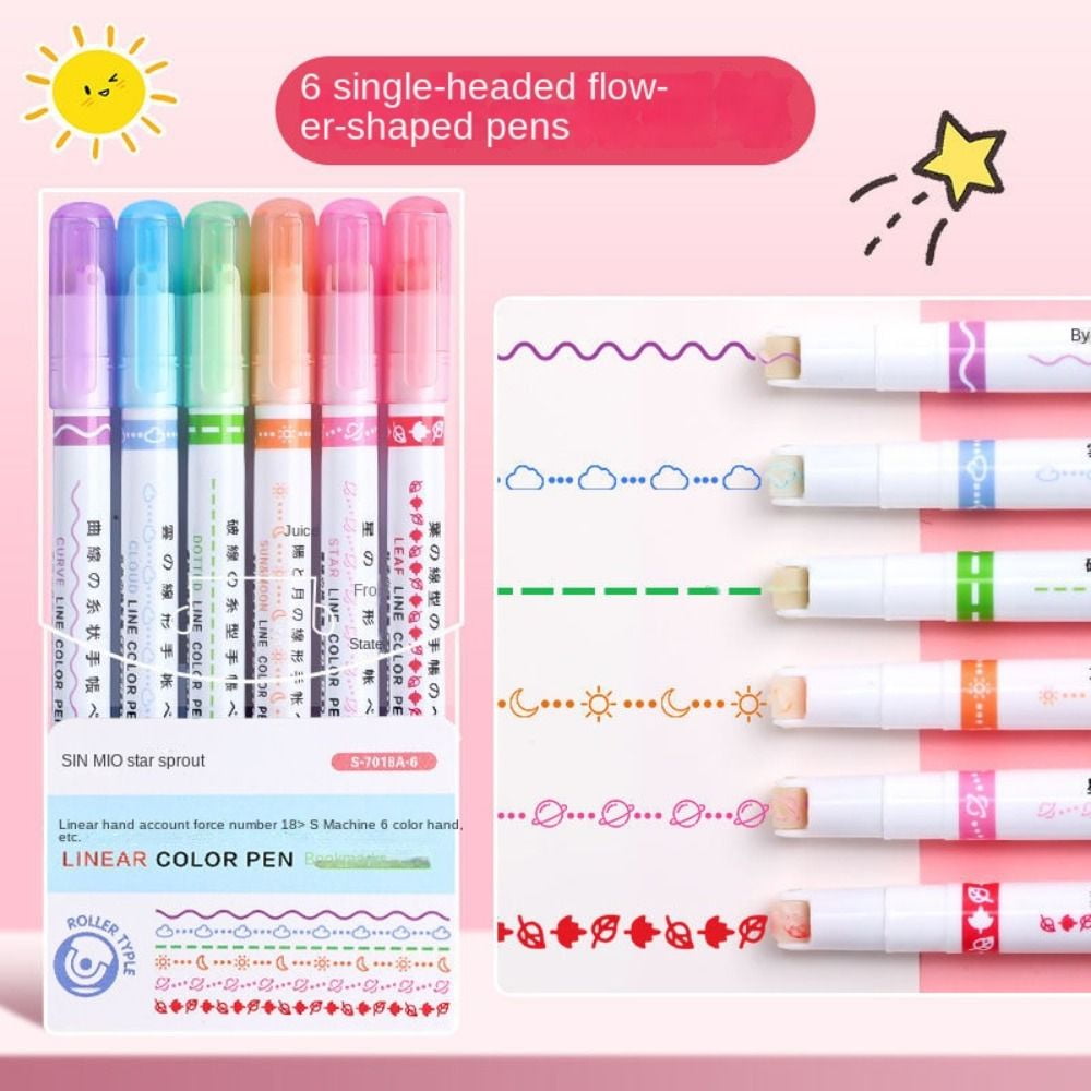 Kawaii Flowers Line Shaped Highlighter Pens Roller Tip Curve Liner Marker For Writing Journaling ...