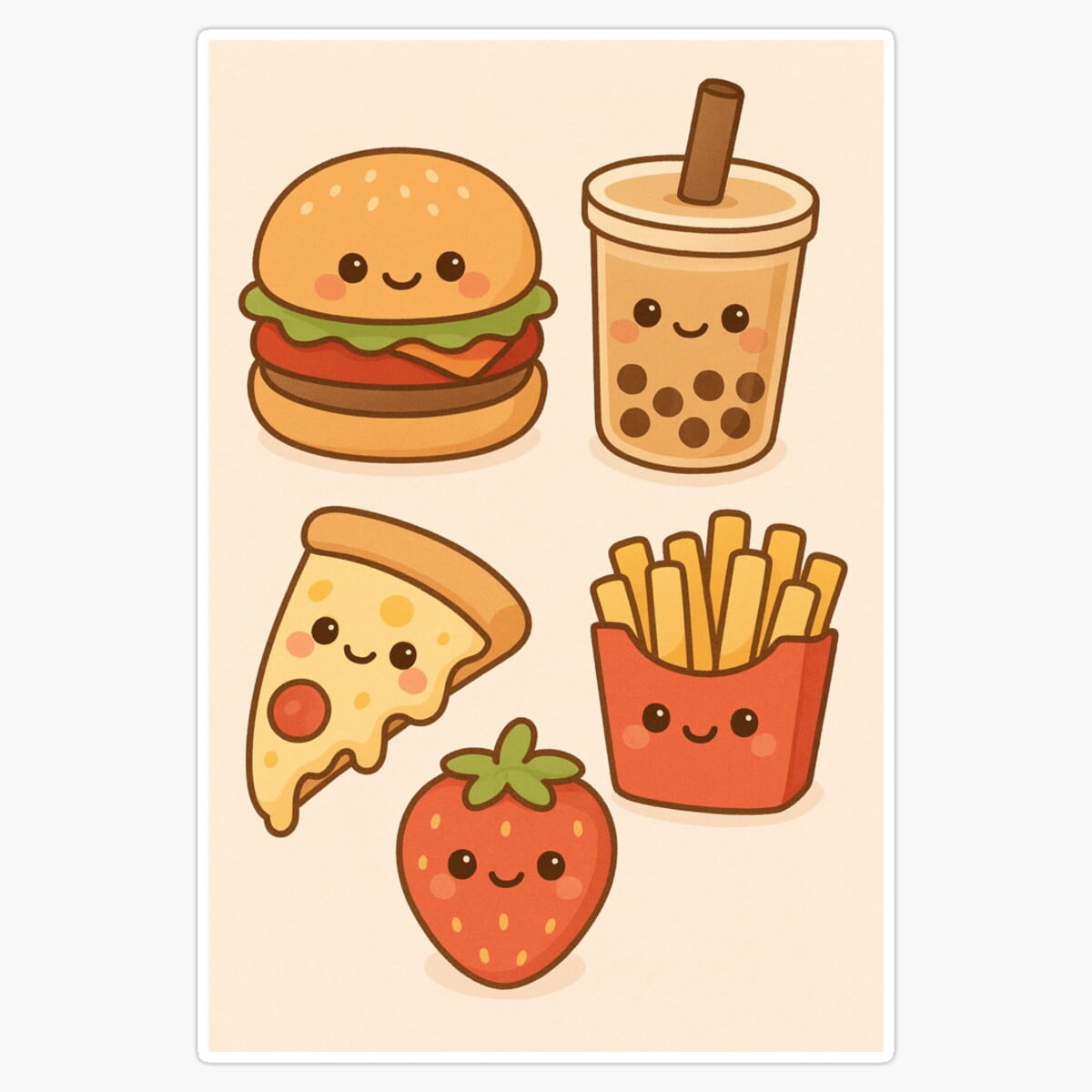 Kawaii Food Characters In Pastel Colors Smiling Pizza Burger Ice Cream ...
