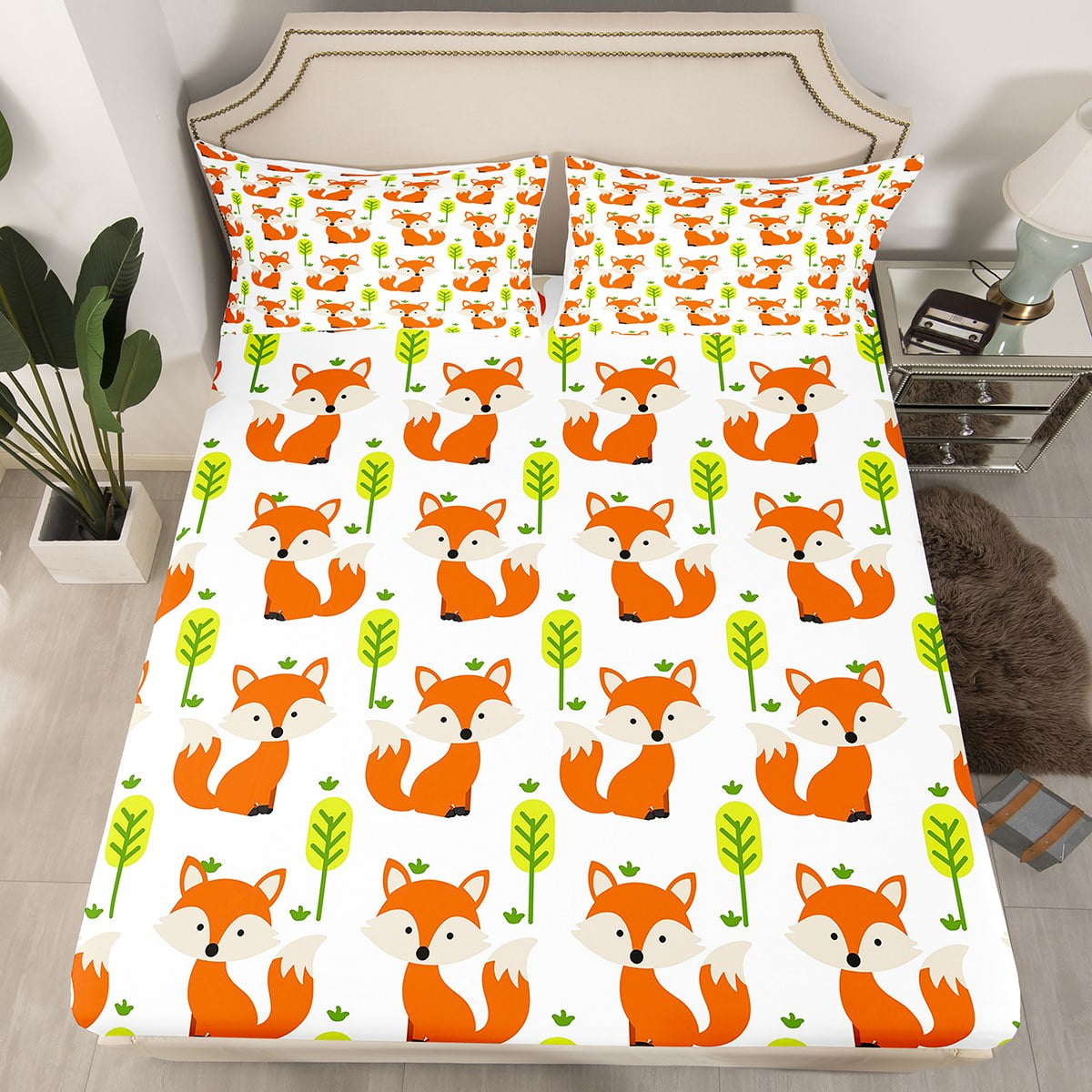 Kawaii Fox Bed Sheets Cartoon Wild Animal Print Bedding Set, Cute Foxes ...