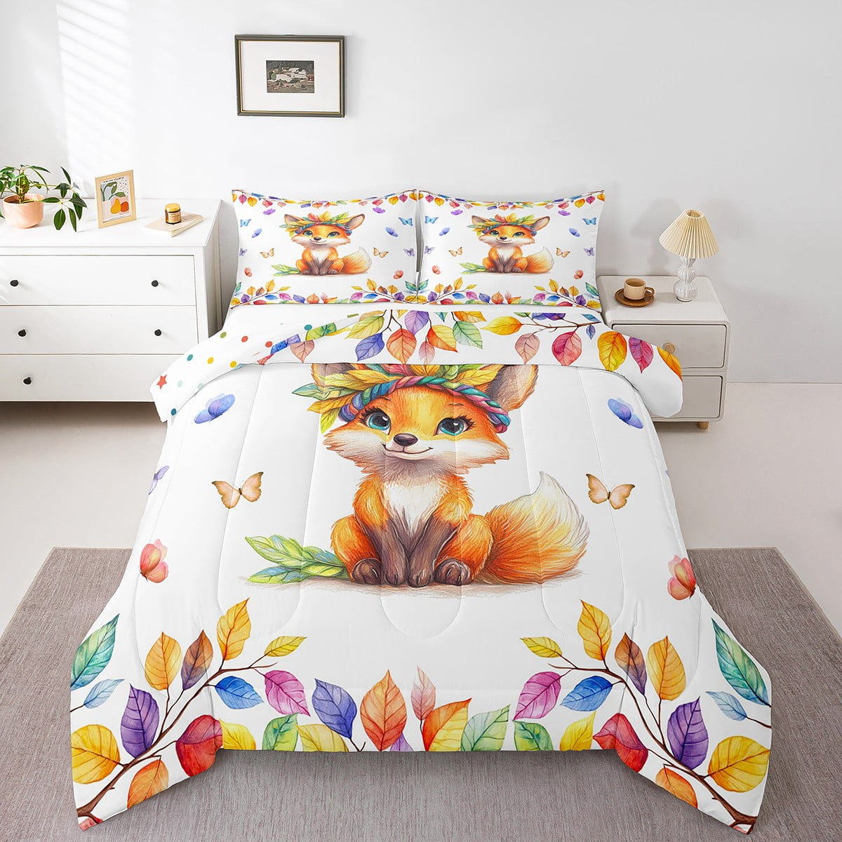 Kawaii Fox Bedding Cartoon Animal Comforter Set, Colorful Butterfly ...