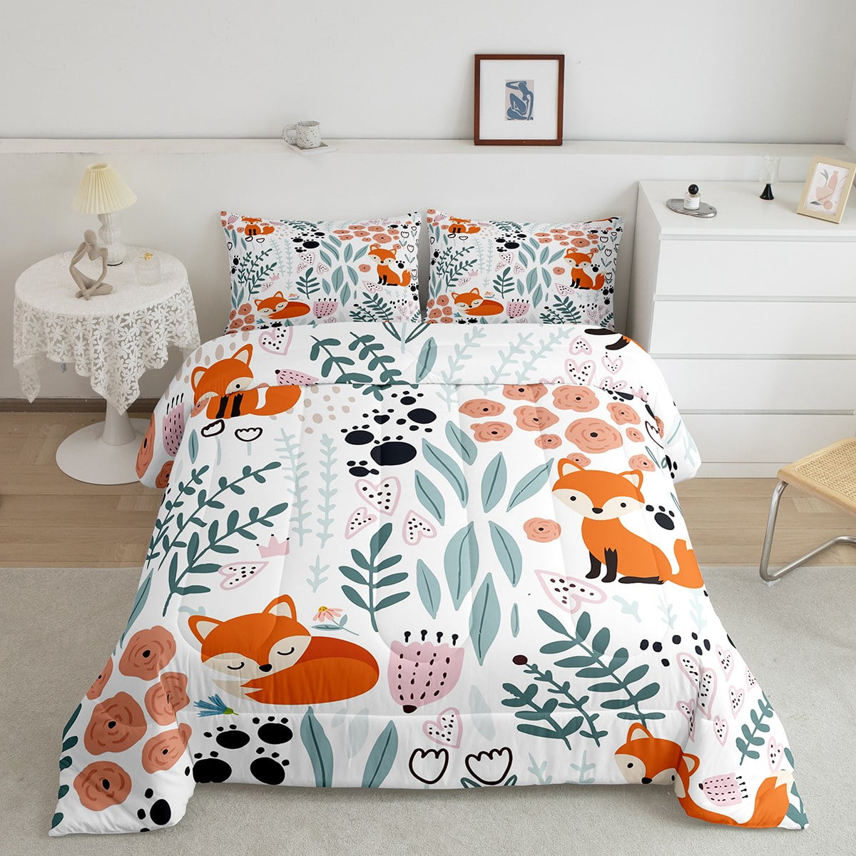Kawaii Fox Bedding Set,Cartoon Fox Comforter Set Twin,Cute Love Heart ...