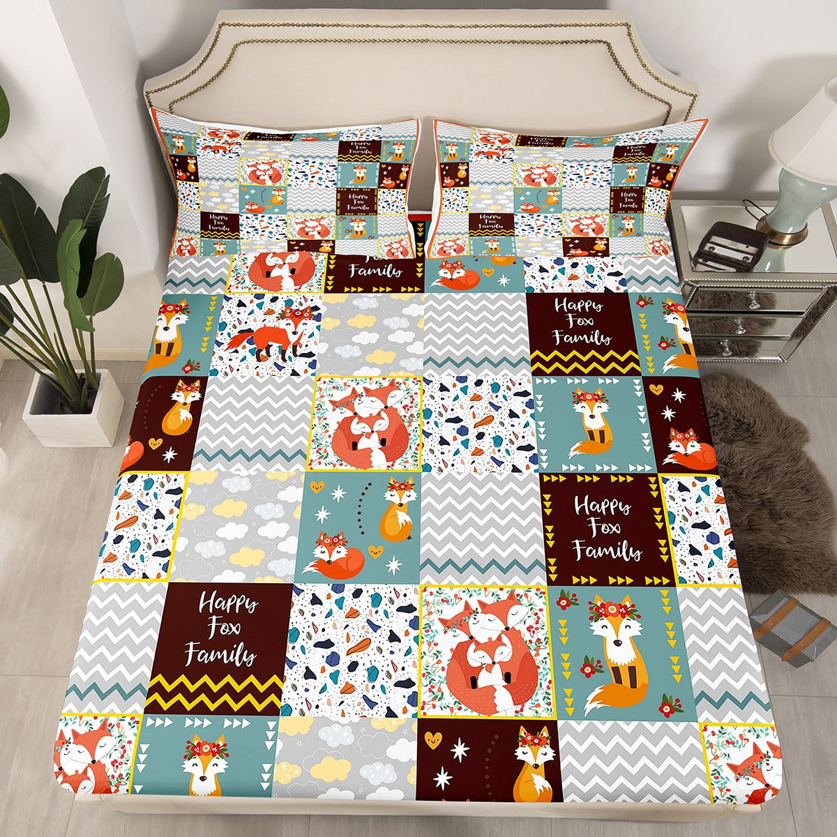 Kawaii Fox Bedding Set Queen Size,Jungle Wild Animal Fitted Sheet ...