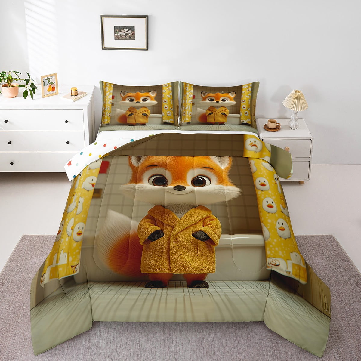 Kawaii Fox Comforter Set Twin Size Cute Wildlife Animal Bedding Set ...