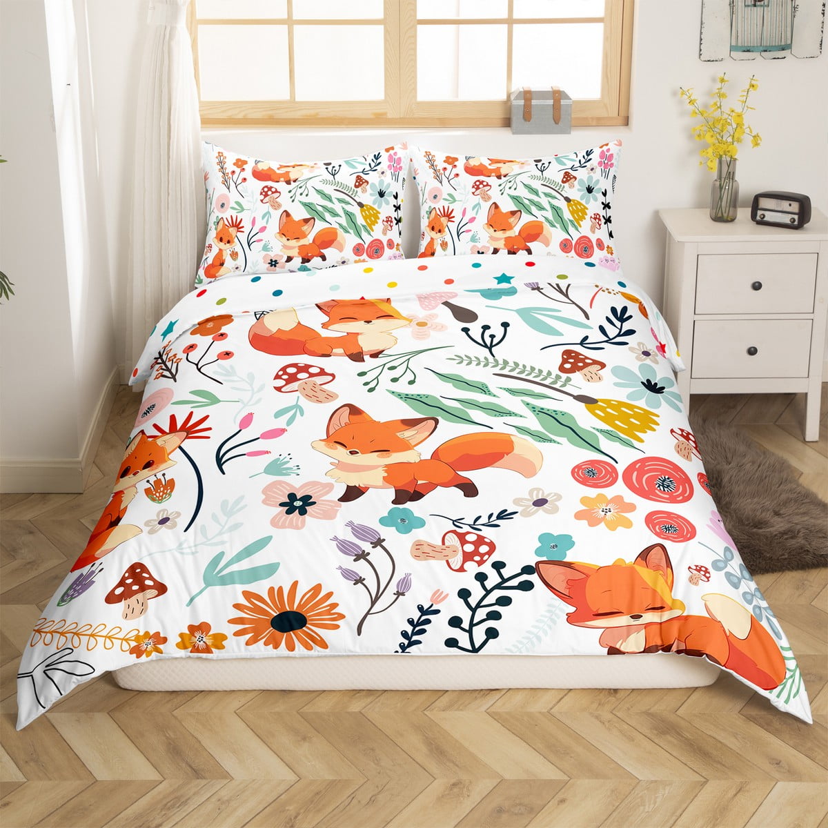 Kawaii Fox Full Bedding Sets for Boys,Mushroom Floral Comforter Cover ...