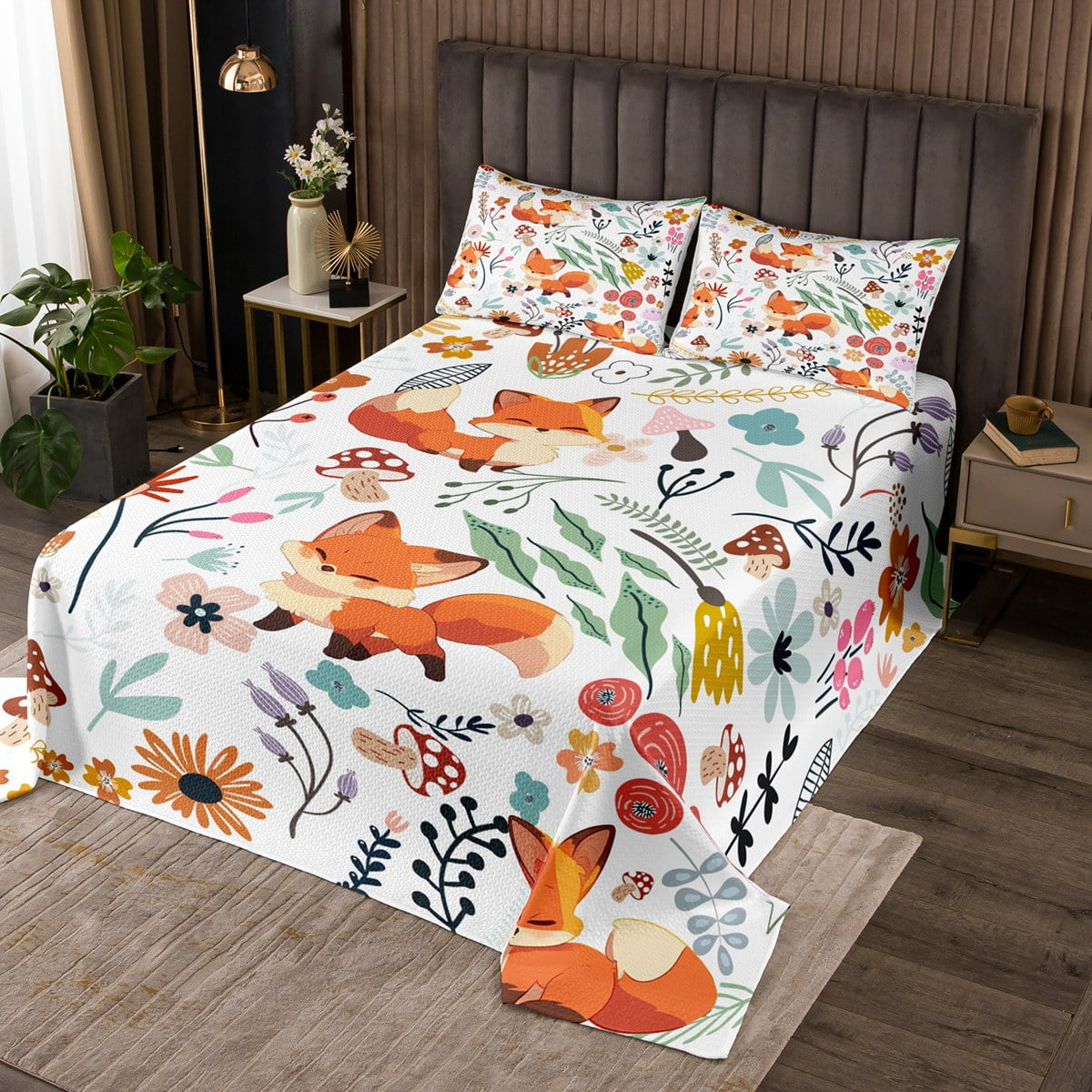 Kawaii Fox King Bedspread Set for Girls,Mushroom Floral Coverlet Set ...