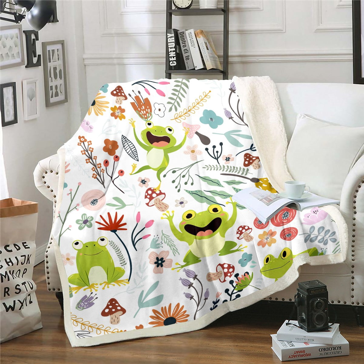 Kawaii Frog Blanket Mushroom Floral Throw Blanket 50"x60",Cartoon ...