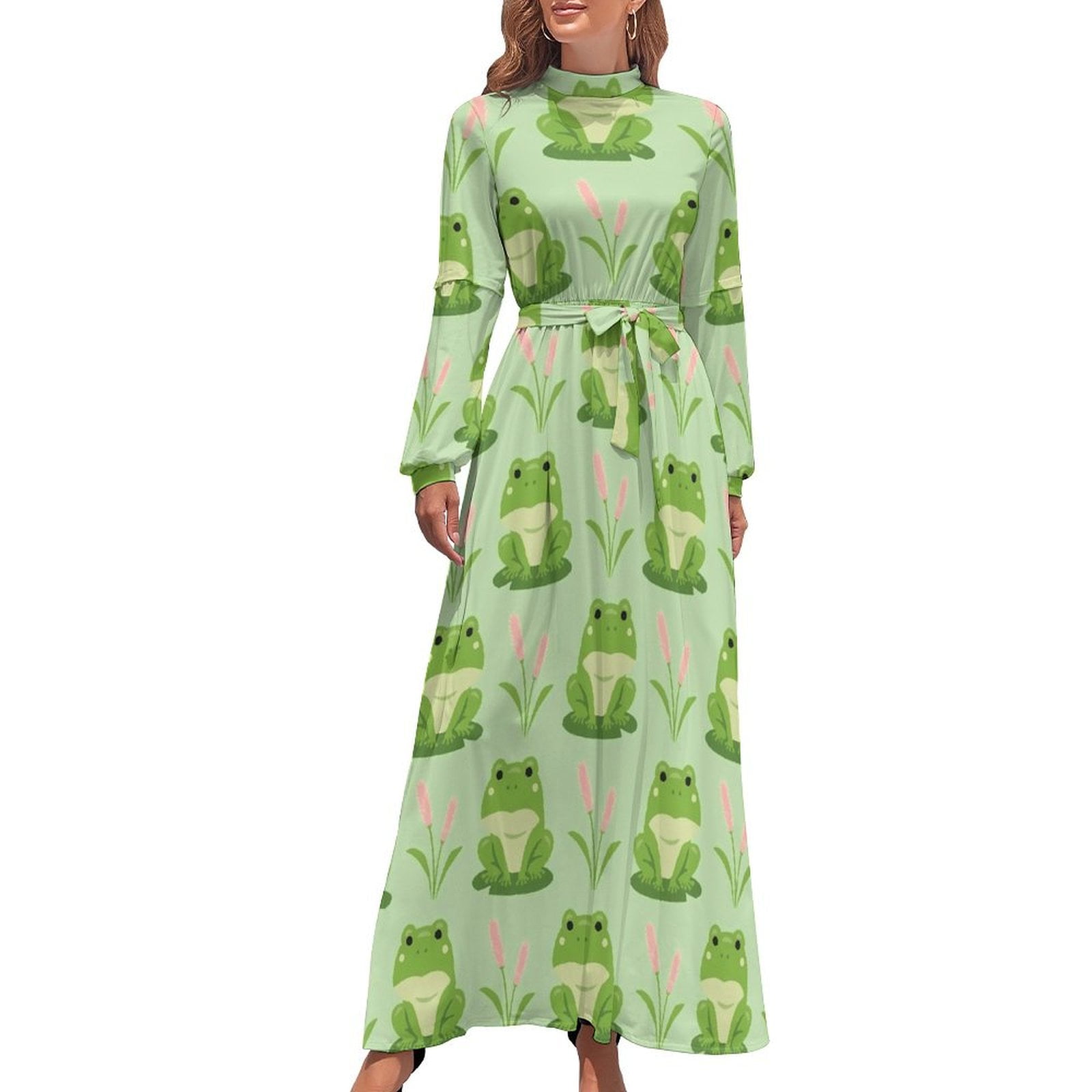 Kawaii Frog Dress Animal Strawberry Cute Pattern Maxi Dress High Neck ...