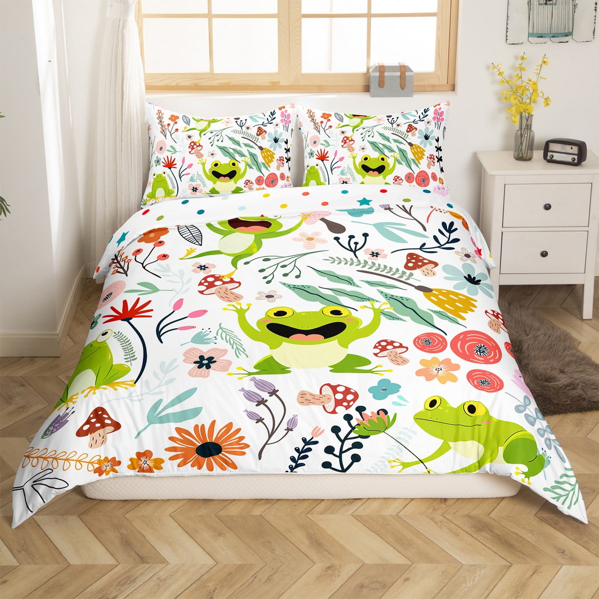 Kawaii Frog Duvet Cover Mushroom Floral Queen Bedding Sets,Cartoon ...