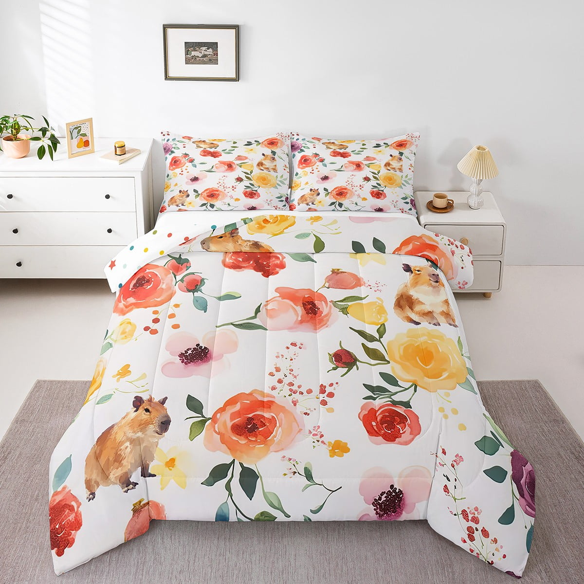 Kawaii Funny Capybara Comforter Set Queen,Botanical Floral Bedding Set ...