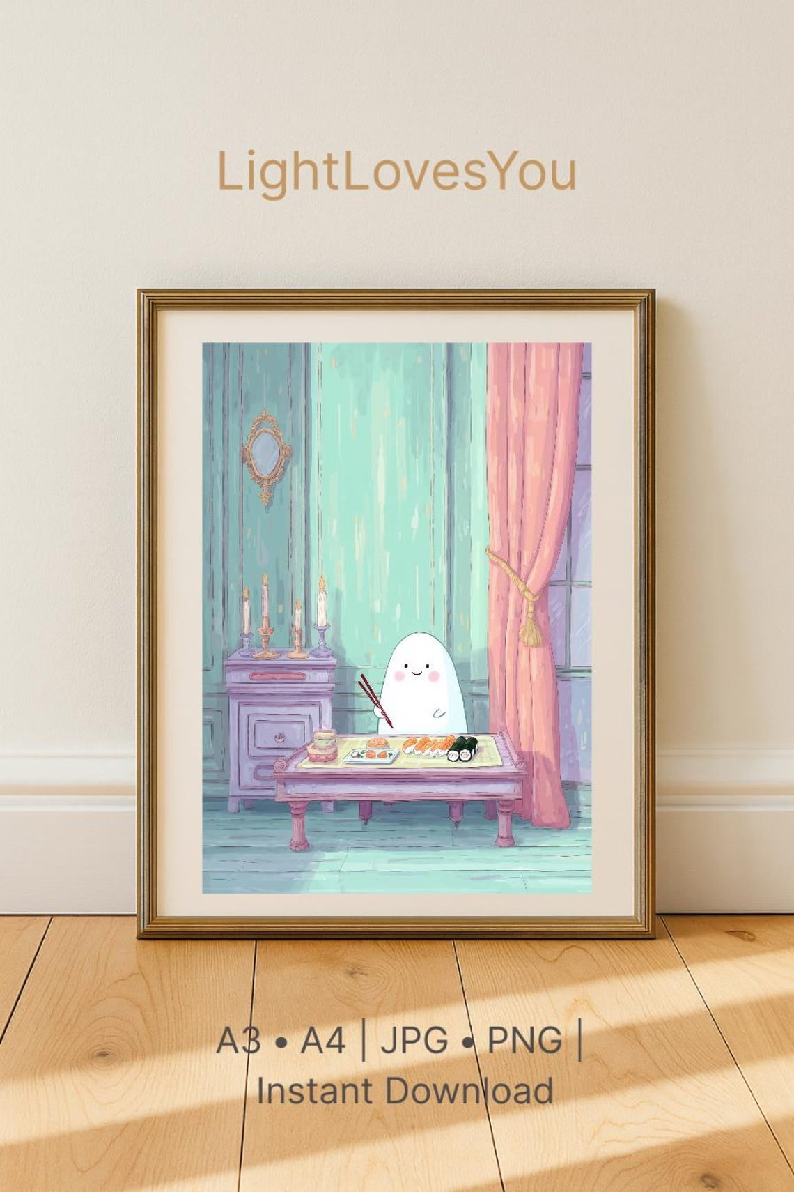 Kawaii Ghost Sushi Print, Japanese Wall Art For Kitchen, Cute Pastel ...