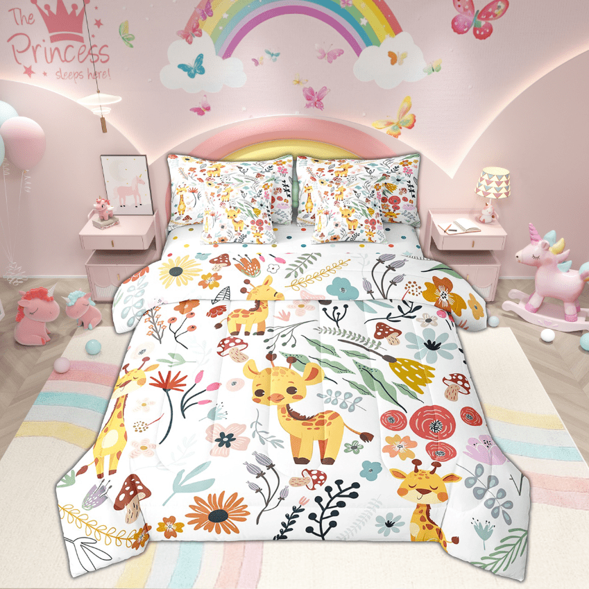 Kawaii Giraffe Bed in a Bag Queen Comforter Set 7 Piece,Mushroom Floral ...