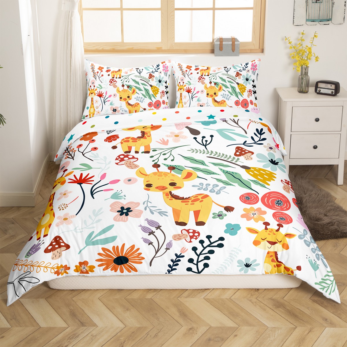 Kawaii Giraffe Duvet Cover Mushroom Floral Queen Bedding Sets for Girls ...