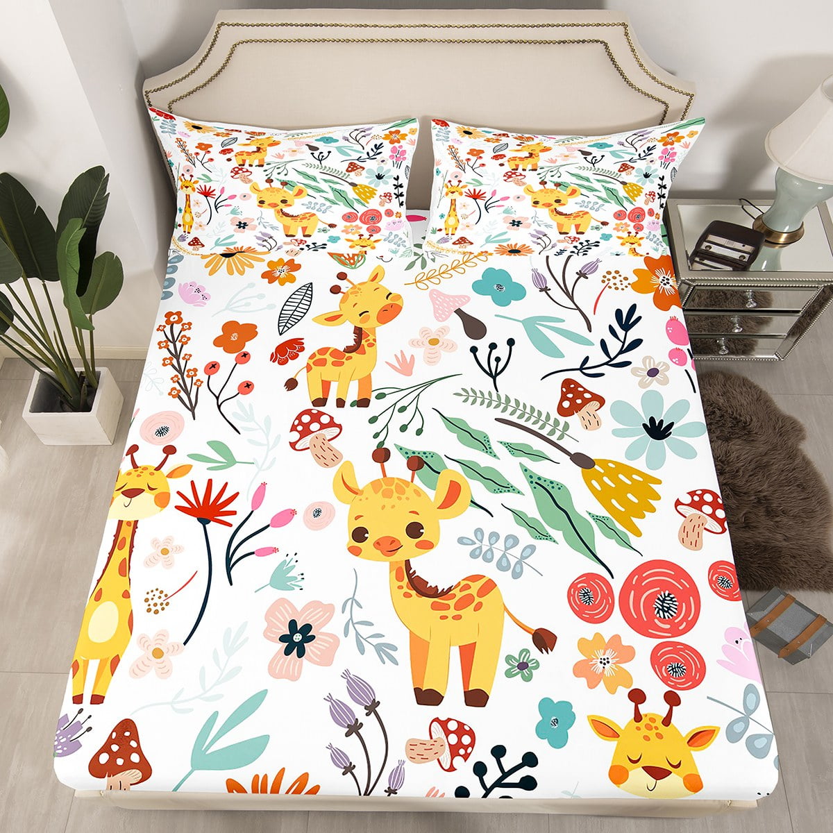 Kawaii Giraffe Fitted Sheet Mushroom Floral Twin Bed Sheets ,Cartoon ...