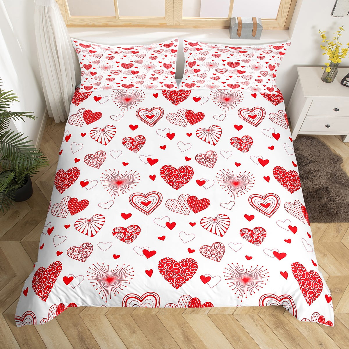 Kawaii Heart Pattern Duvet Cover Teens,Red White Bedding Set,Cute Love ...