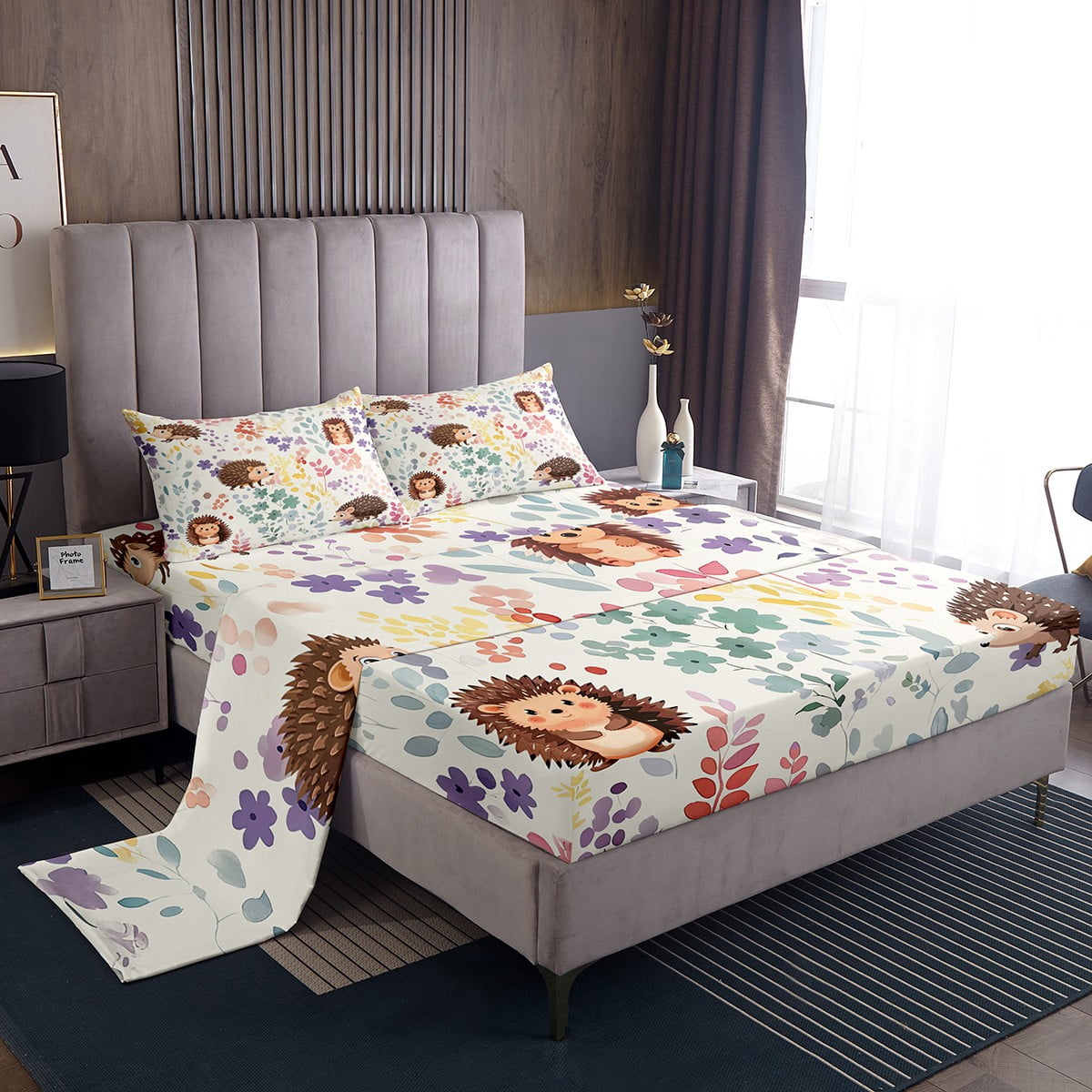 Kawaii Hedgehog Queen Bed Sheets Set,Cute Floral Hedgehog Bedding Set ...