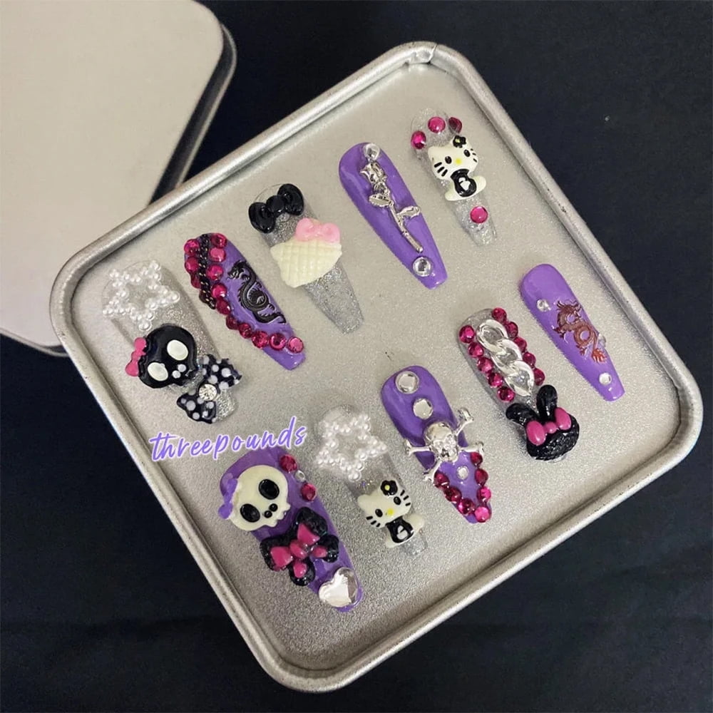 Kawaii Hello Kitty 3D Stereo Almond Square Detachable Fake Nails Art ...