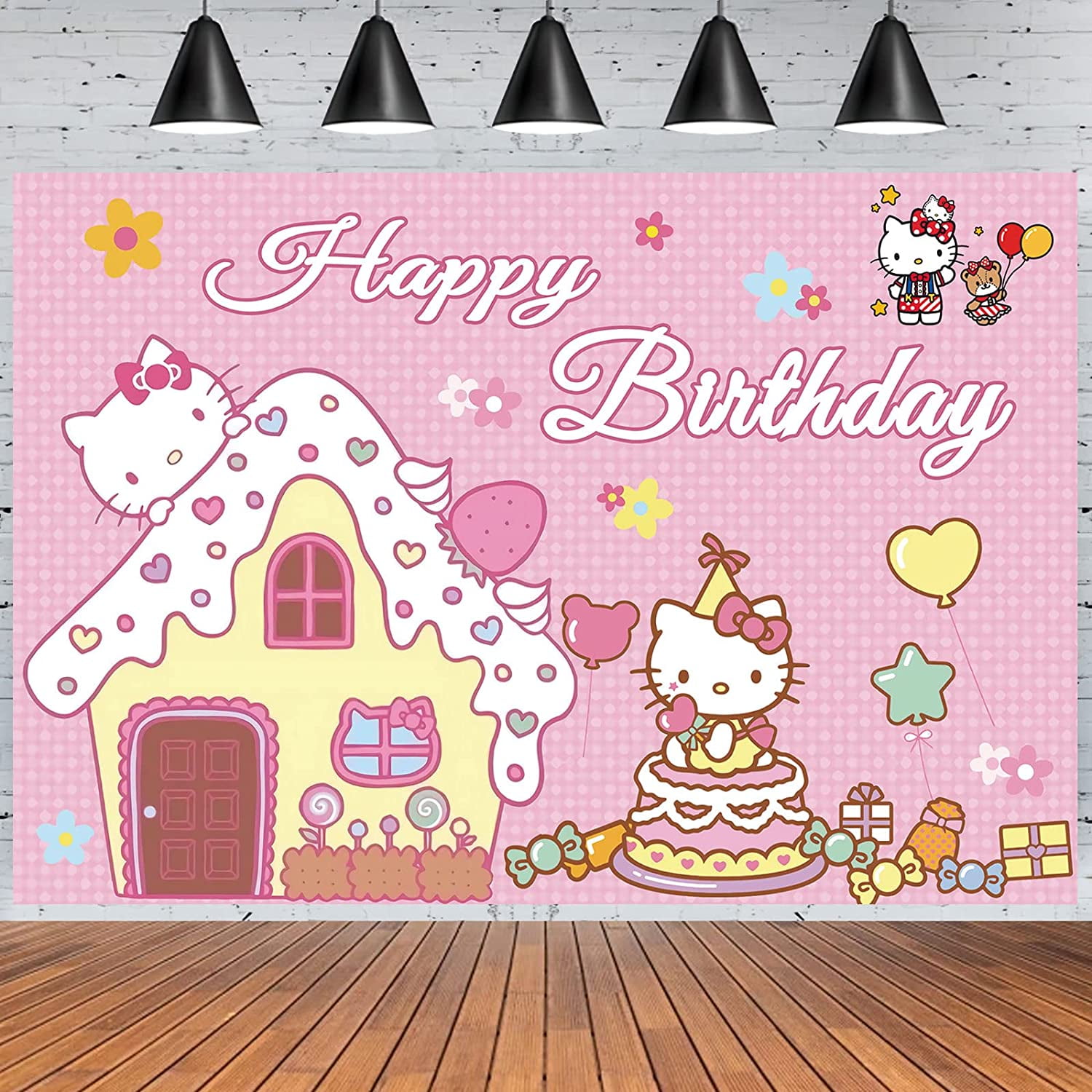 Kawaii Hello-Kitty Birthday Party Supplies, Happy Birthday Backdrop for ...