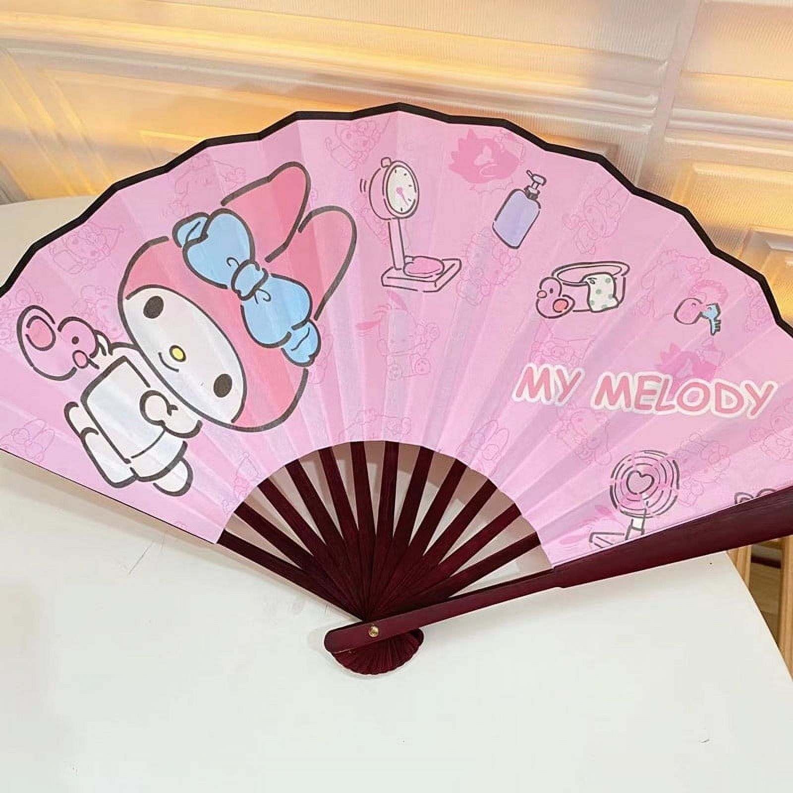 Kawaii Hello Kitty Cinnamoroll Folding Fan Sanrios Kuromi Wooden Bamboo ...