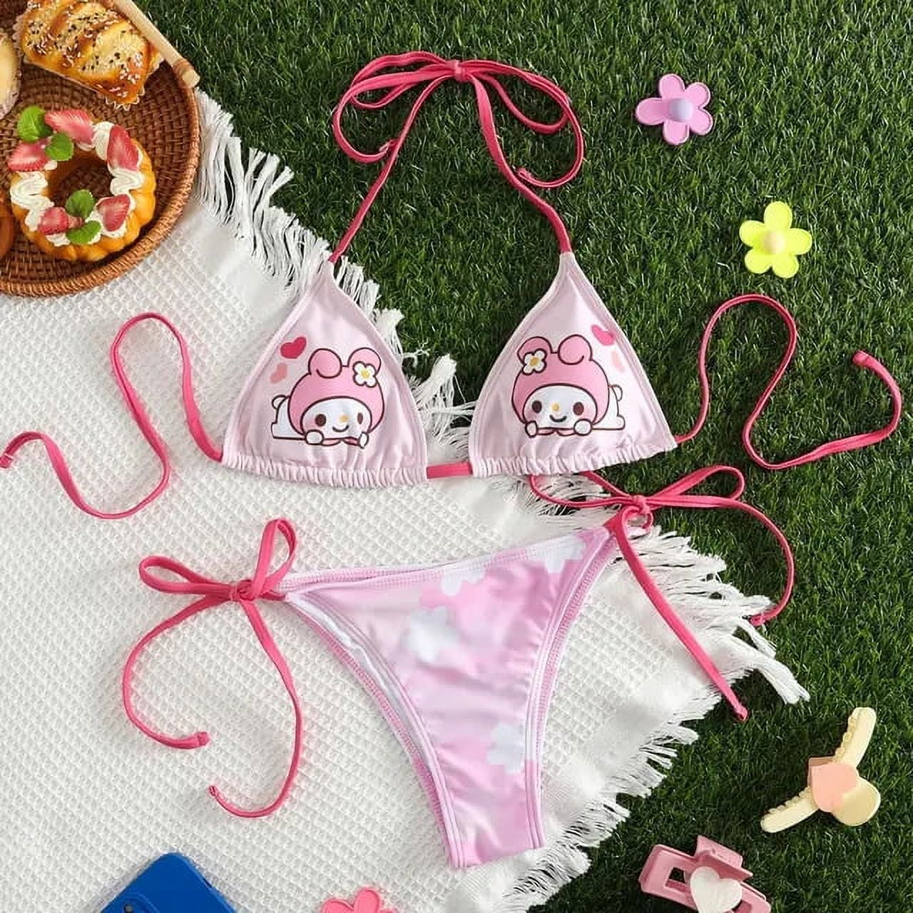 Kawaii Hello Kitty Kuromi Halter Thong Bikini Set Two Piece Y2k Cute Anime Swimsuits Sexy