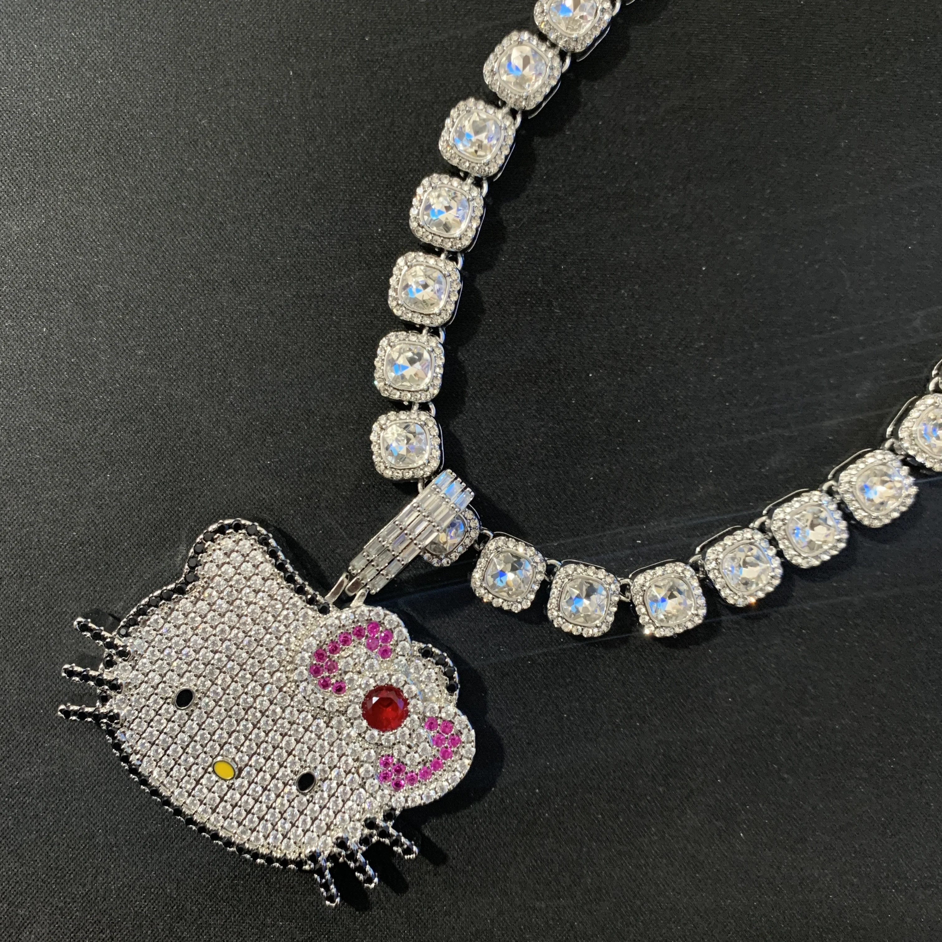 Kawaii Hello Kitty Necklace Anime Sanrio Diamond Pendant Cuban Chain ...