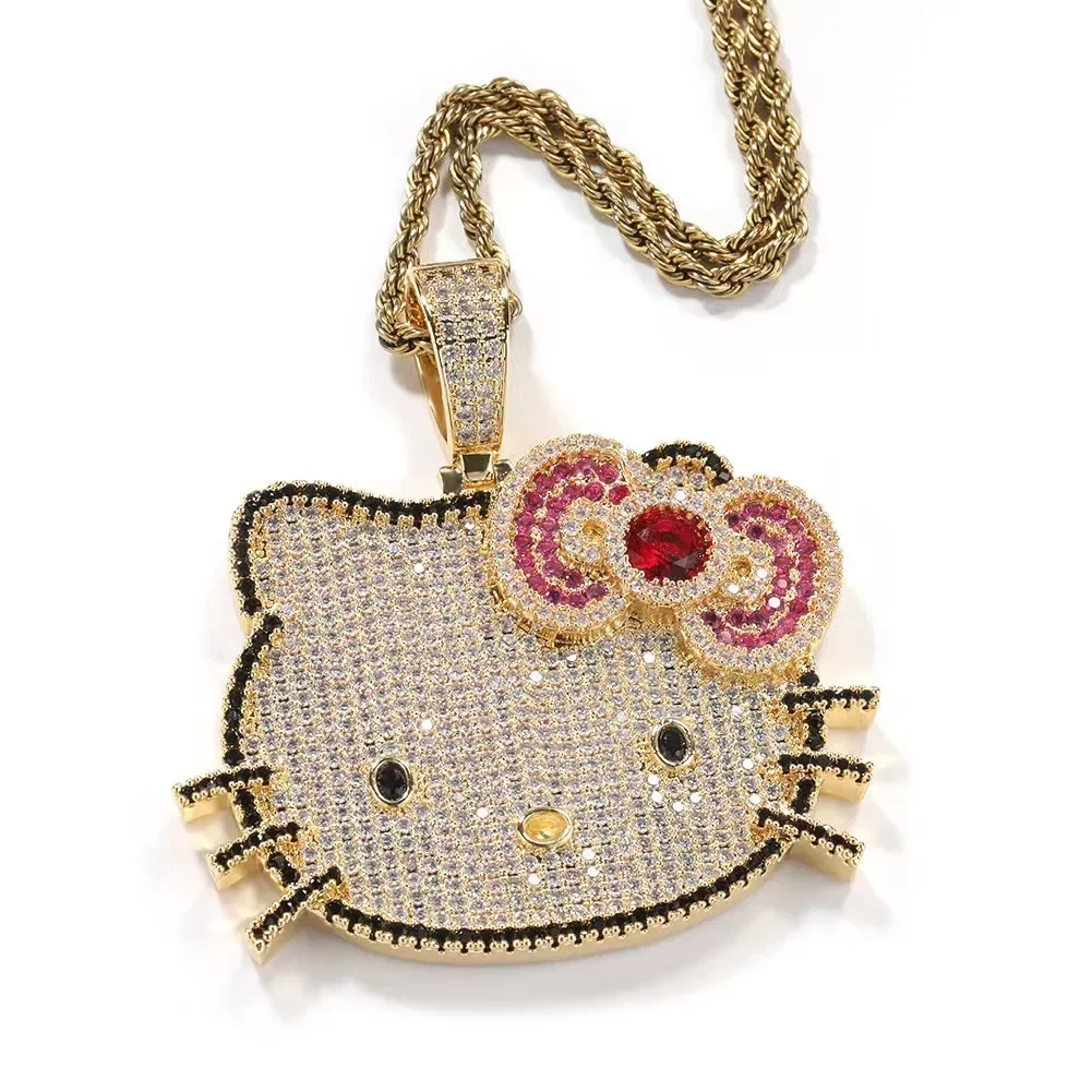 Kawaii Hello Kitty Necklace Anime Sanrio Diamond Pendant Cuban Chain ...