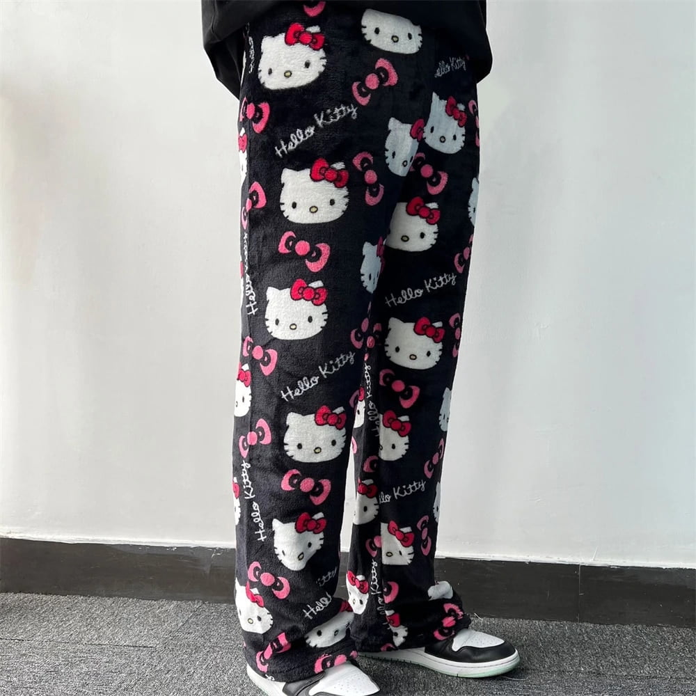 Kawaii Hello Kitty Pajama Pants Sanrio Anime Y2k Cartoon Coral Fleece ...