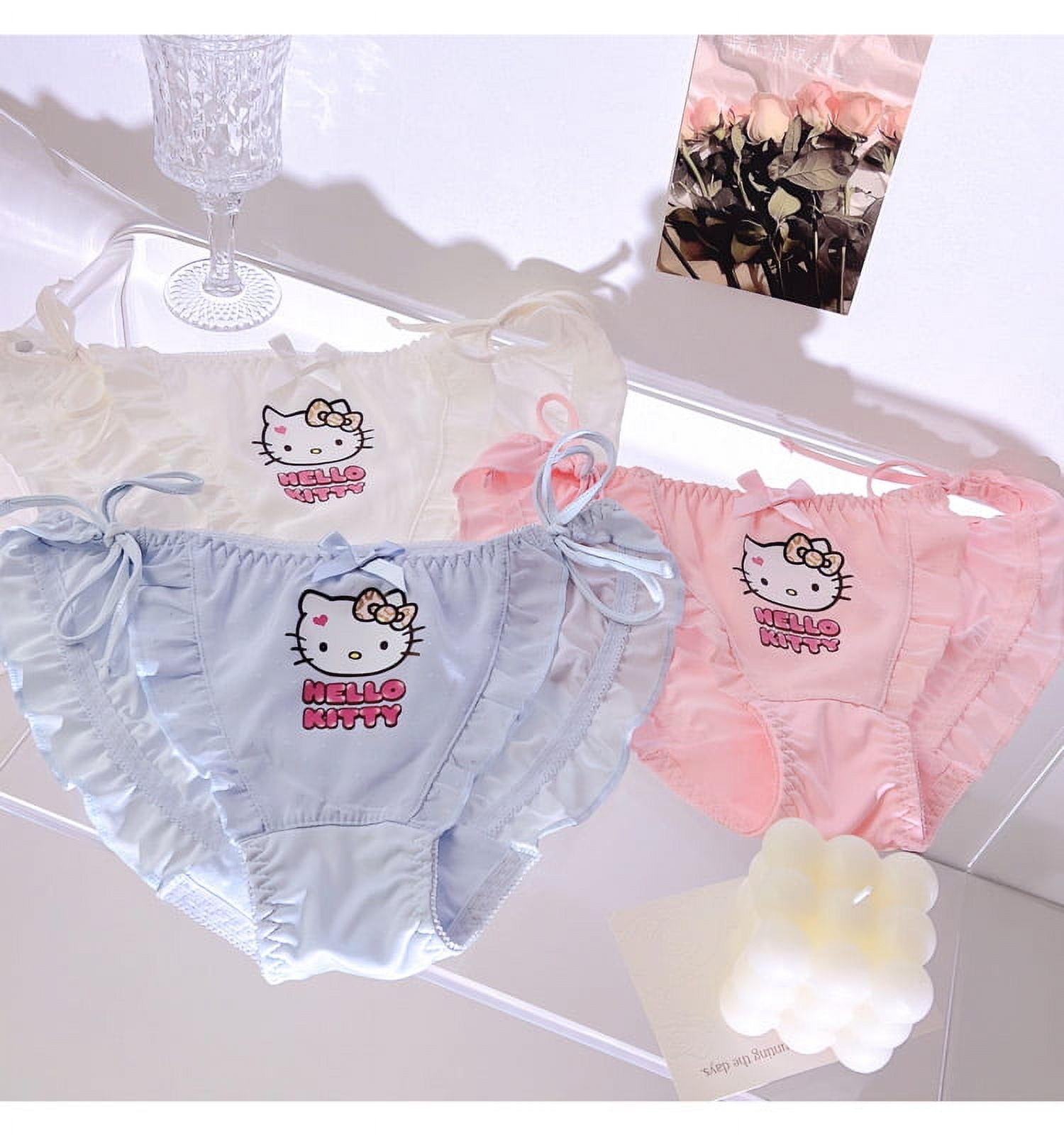 Kawaii Hello Kitty Pink Ruffles Thin Ribbon Bow Briefs Women Underwear ...